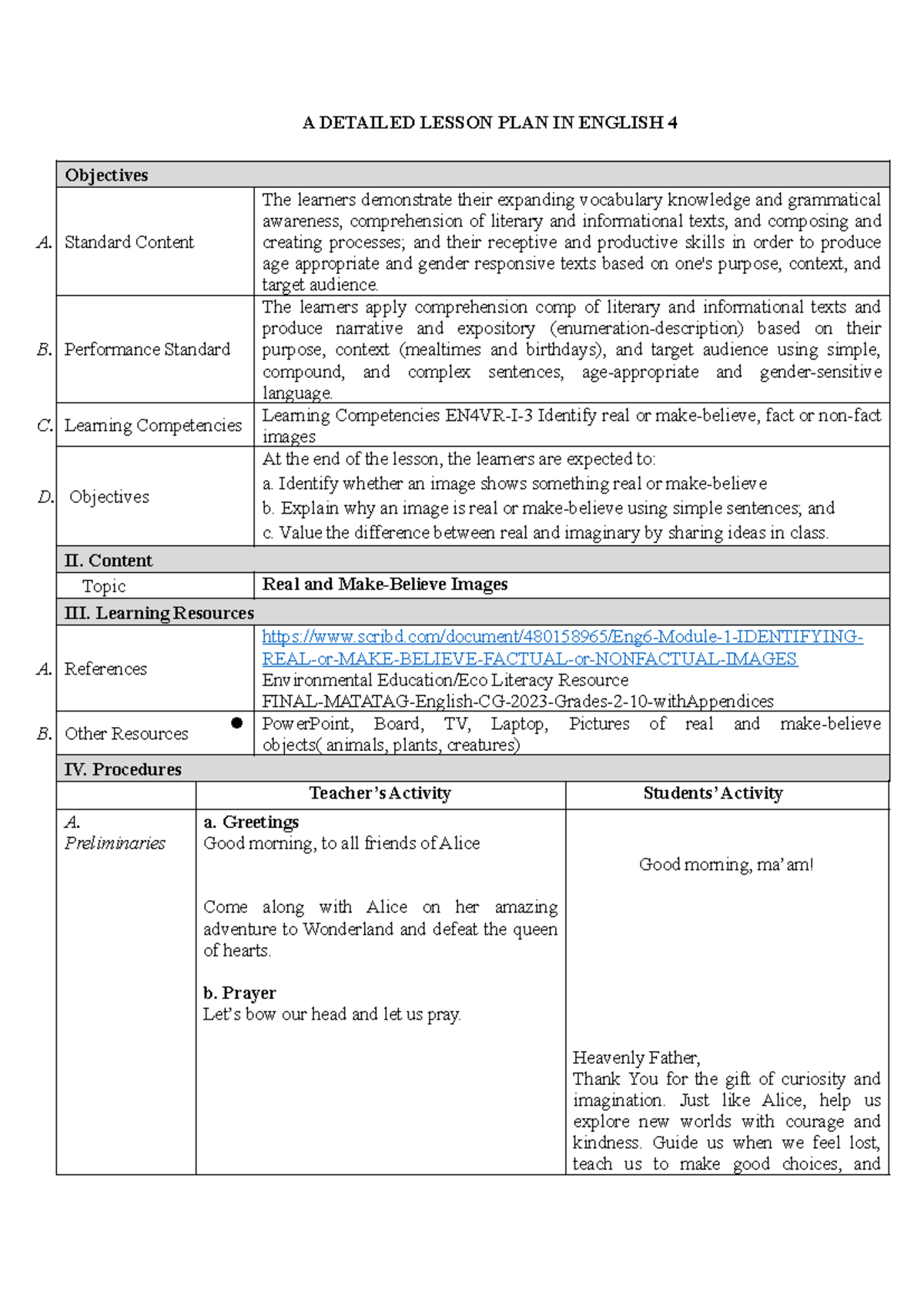 BEED 3A Detailed Lesson Plan: Real vs. Make-Believe in English 4 - Studocu