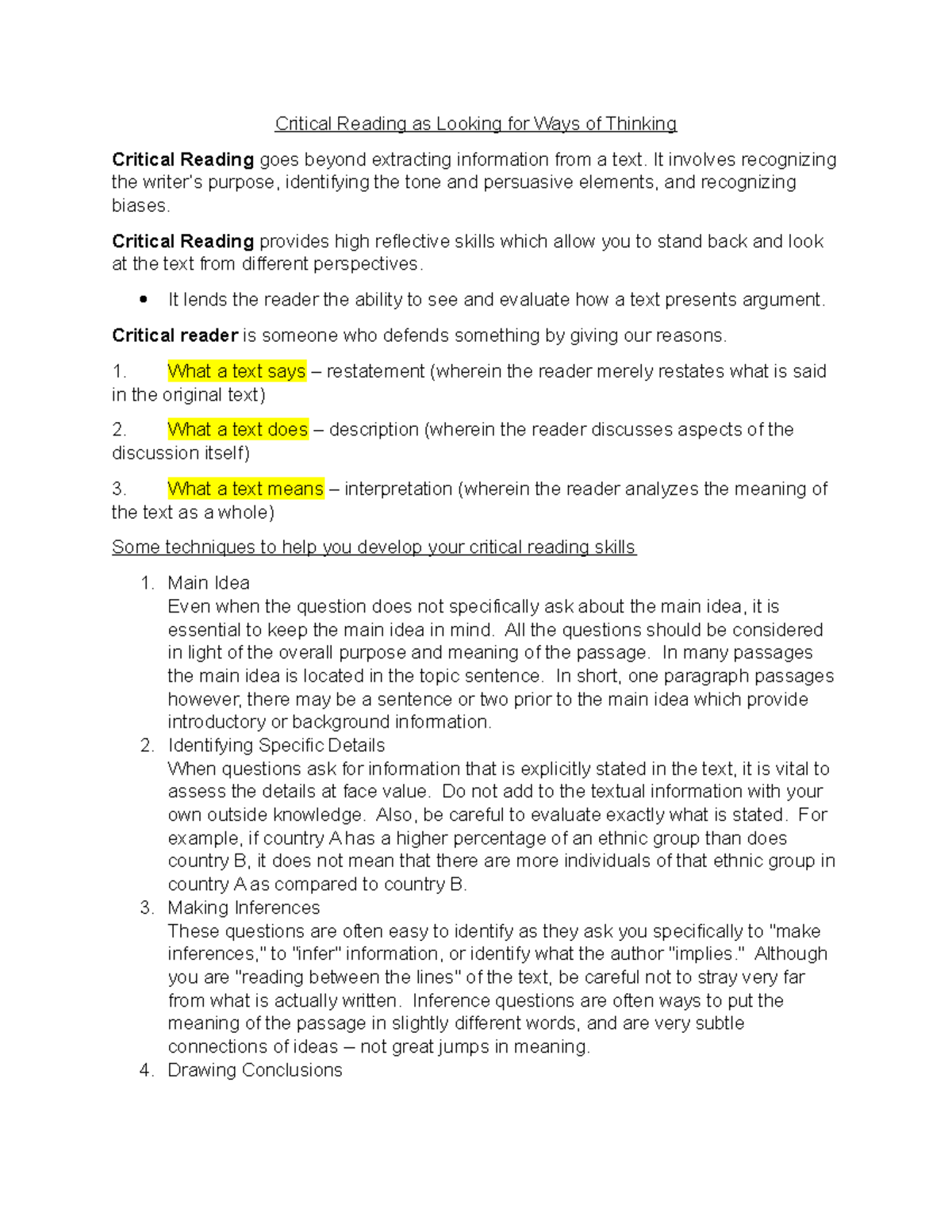 Critical Reading as Looking for Ways of Thinking - It involves ...