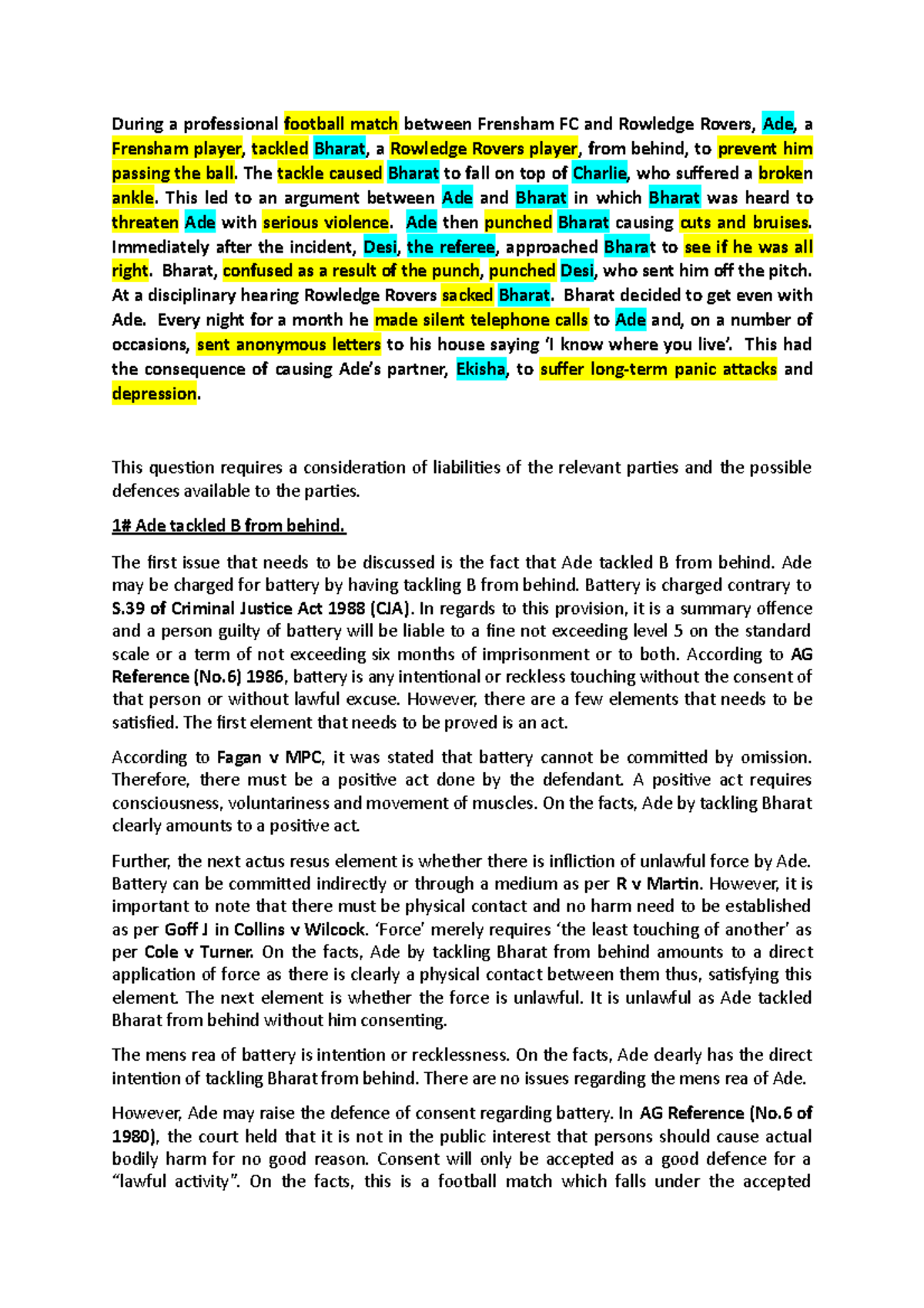 OAPA 1861 Liability Analysis: Ade vs Bharat in Football Incident - Studocu