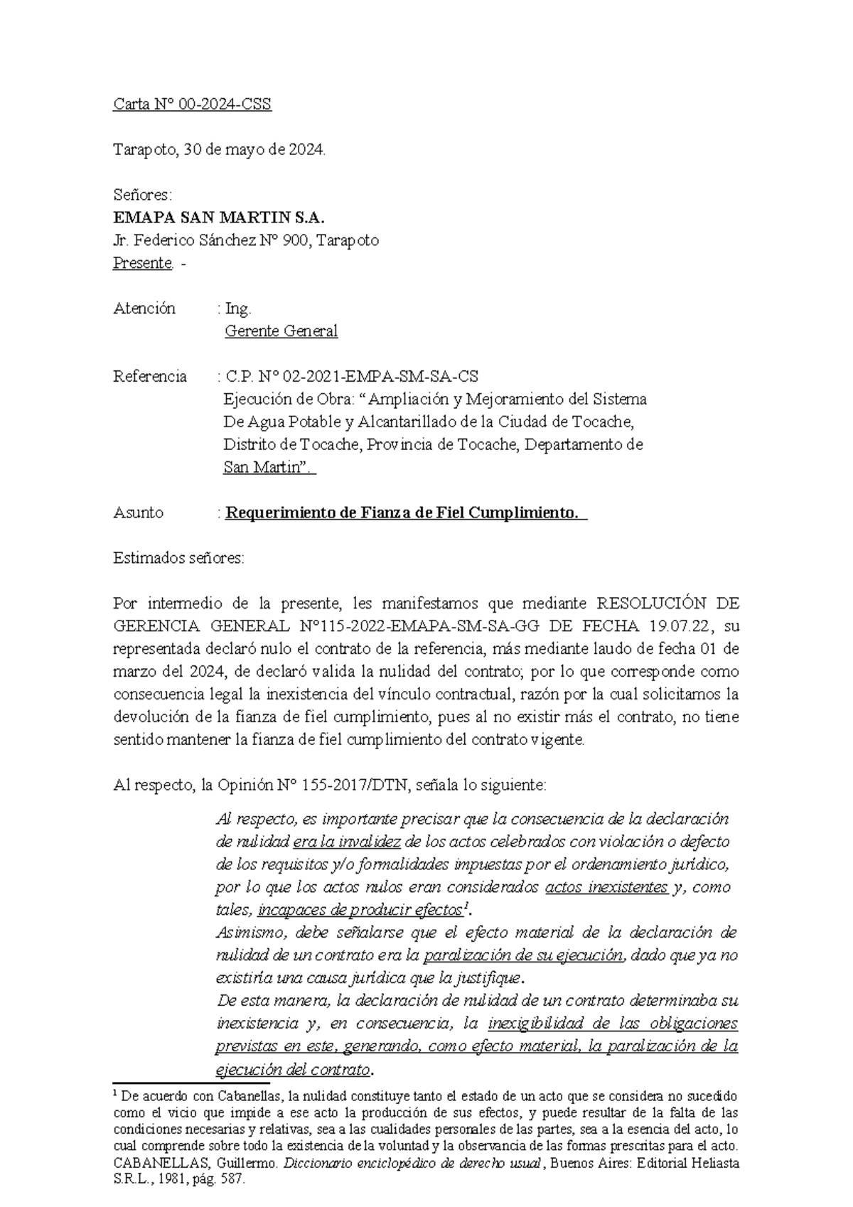 Carta N° 00-2024-CSS - Solicitud de Devolución de Fianza de Fiel Cumplimiento - Studocu