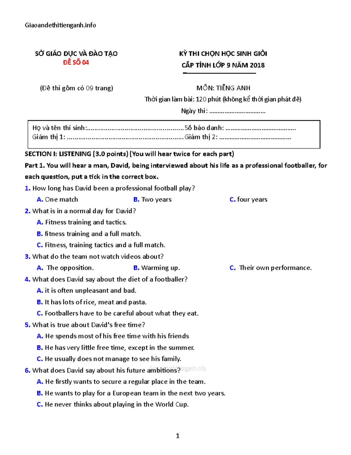 ĐỀ SỐ 04-HSG ANH 9 - RTEHRWE - S Ở GIÁO D ỤC VÀ ĐÀO T ẠO (Đềề thi gồềm có 09 trang) KỲ THI CH ỌN ...