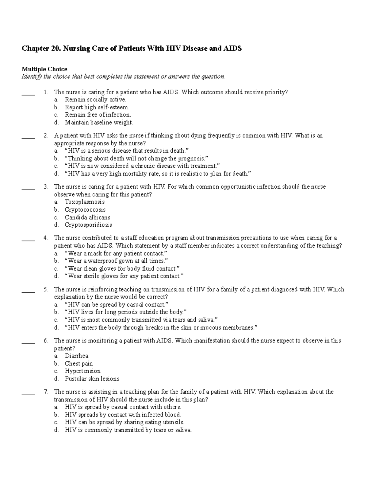 Ch20 - Nursing Care for HIV & AIDS Patients: Key MCQs & Answers - Studocu