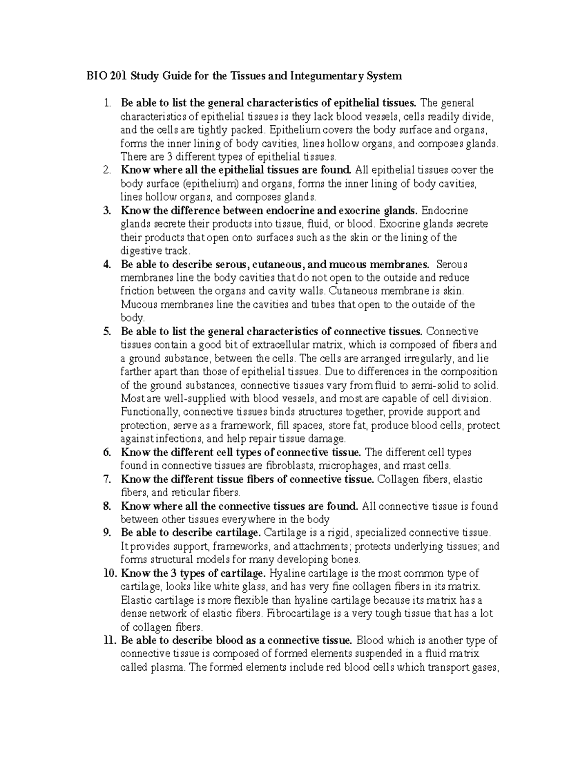 BIO 201 Exam 2 Study Guide: Tissues & Integumentary System Overview ...