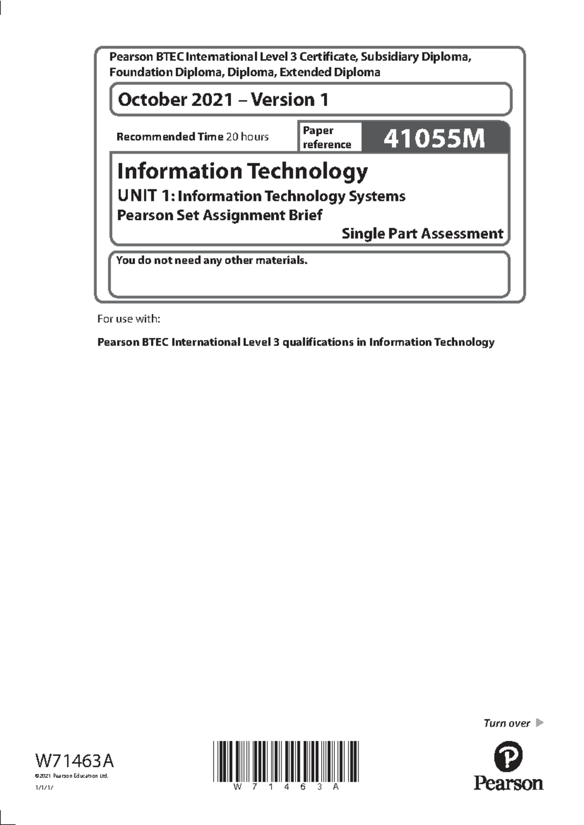 BTEC IT Level 3: Unit 1 Assignment Brief - Information Technology Systems - Studocu