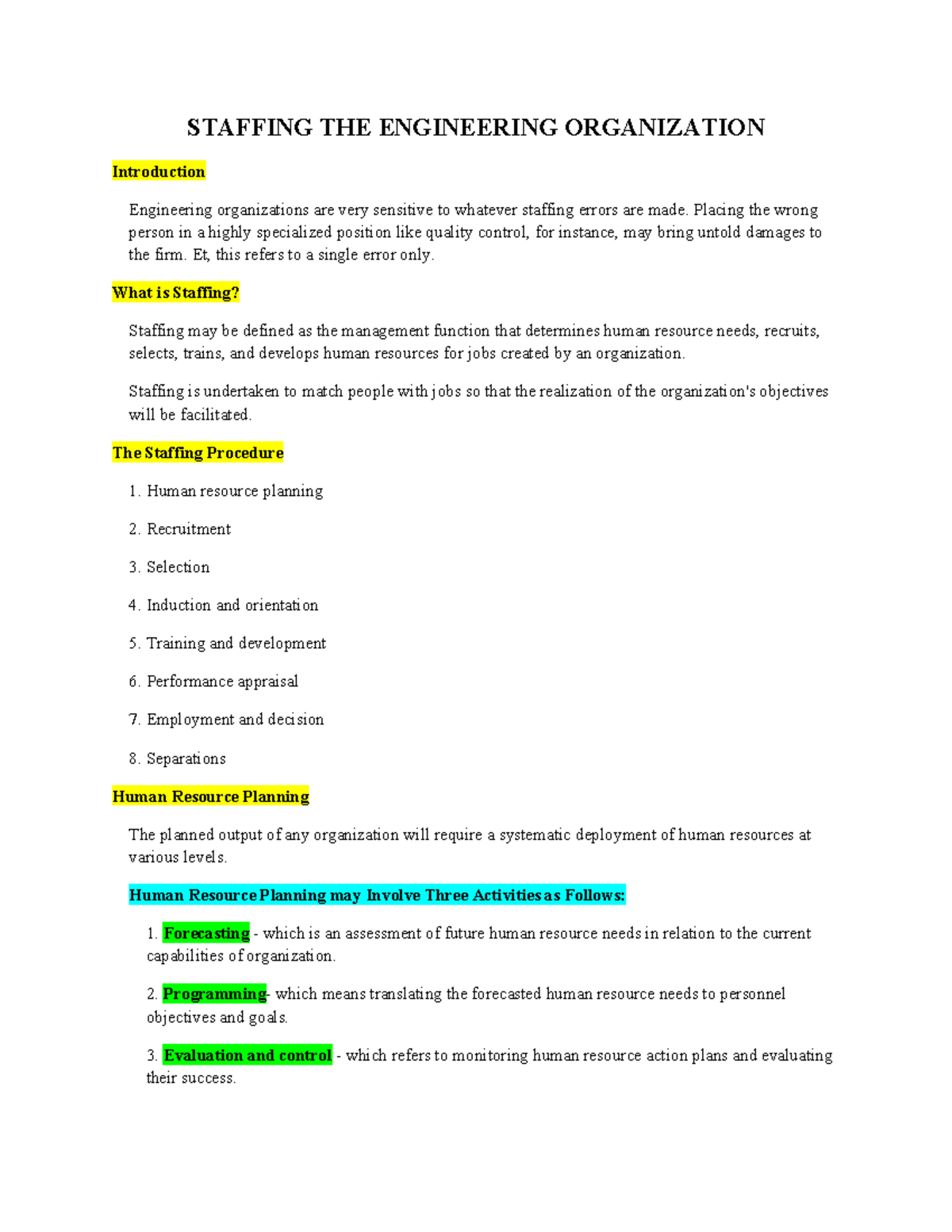 Staffing - Lecture notes 3 - STAFFING THE ENGINEERING ORGANIZATION ...