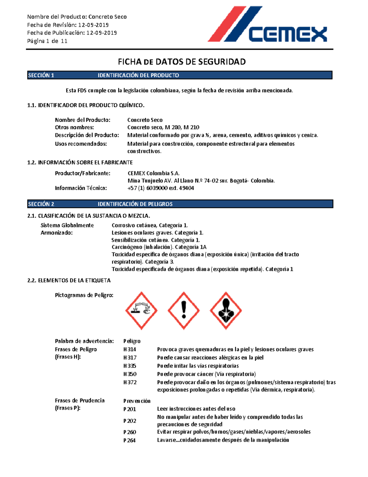FDS de Seguridad: Concreto Seco - Cemex Colombia - Studocu