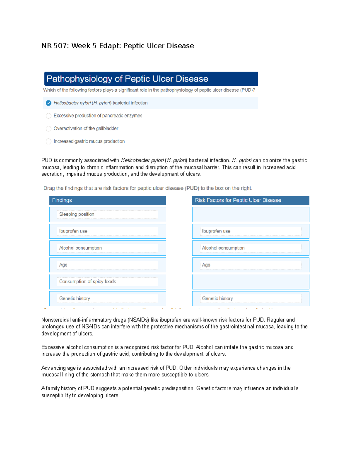 NR 507 Week 5 Peptic Ulcer Disease: Risk Factors and Management - Studocu