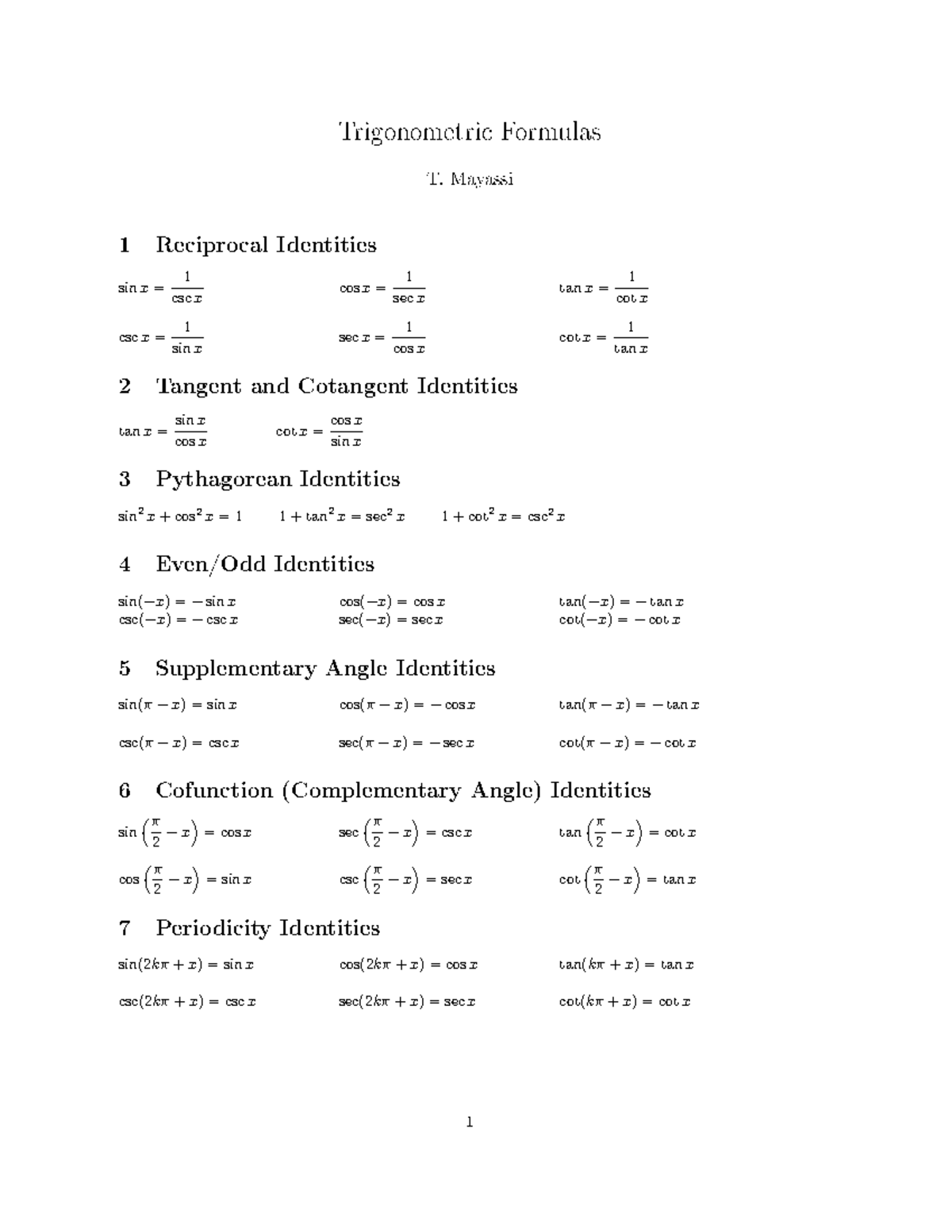Trig Formulas for T. Mayassi - Comprehensive Identity Guide - Studocu
