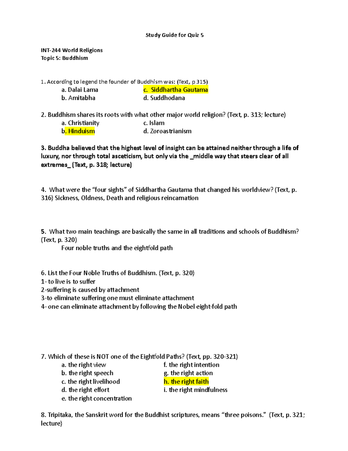 Buddhism Quiz 5 Study Guide - INT-244 World Religions - Studocu