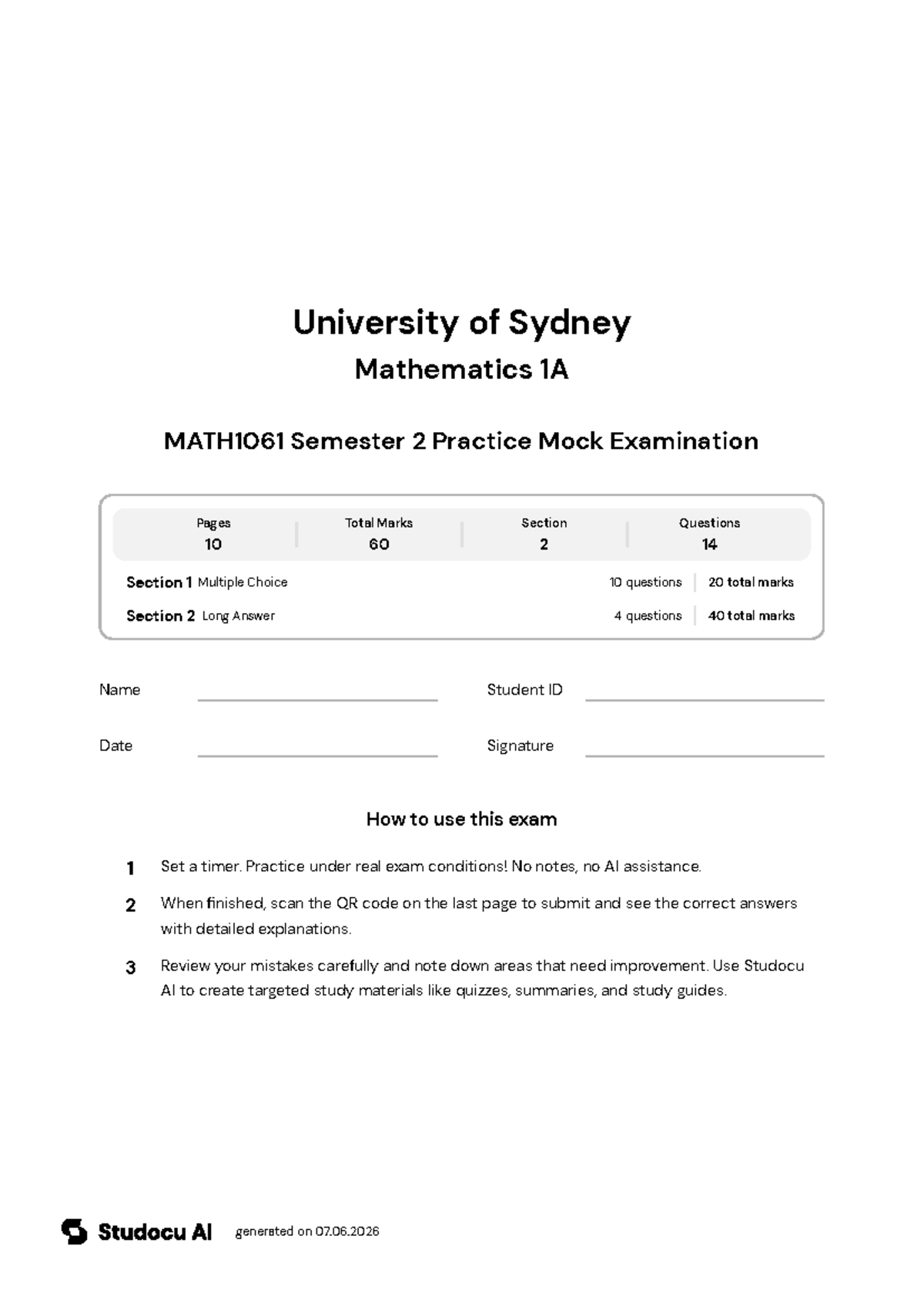 MATH1061 Semester 2 Practice Mock Exam - Studocu
