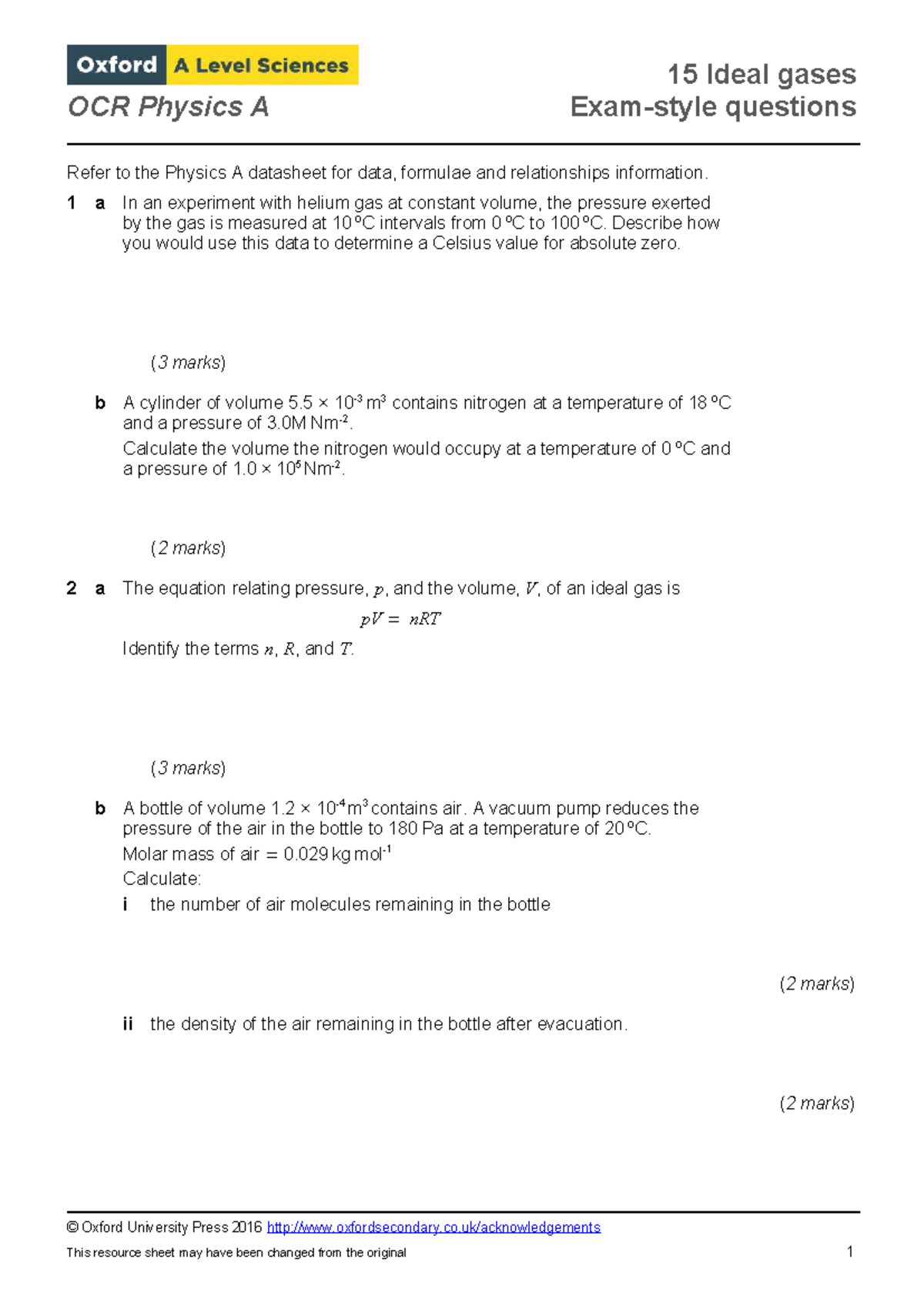 15 Ideal Gases Questions - OCR Physics A Exam Preparation - Studocu