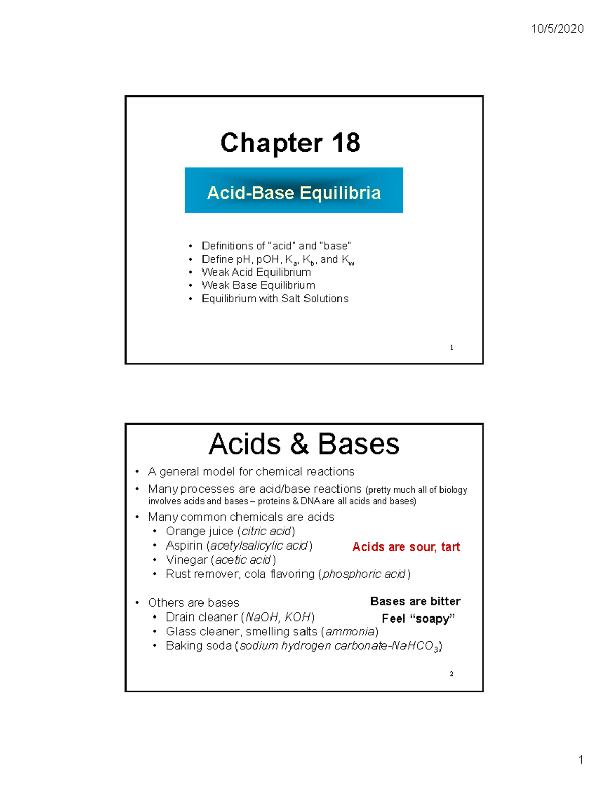 Ch18 Lecture: Equilibria, pH, Ka, Kb, and Weak Acid/Base Concepts - Studocu