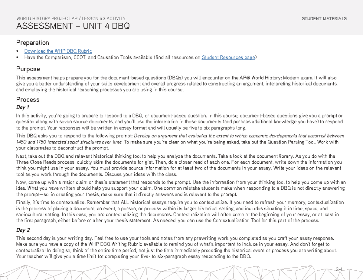 WHP AP Lesson 4.3 Unit 4 DBQ Activity Assessment Guide - Studocu