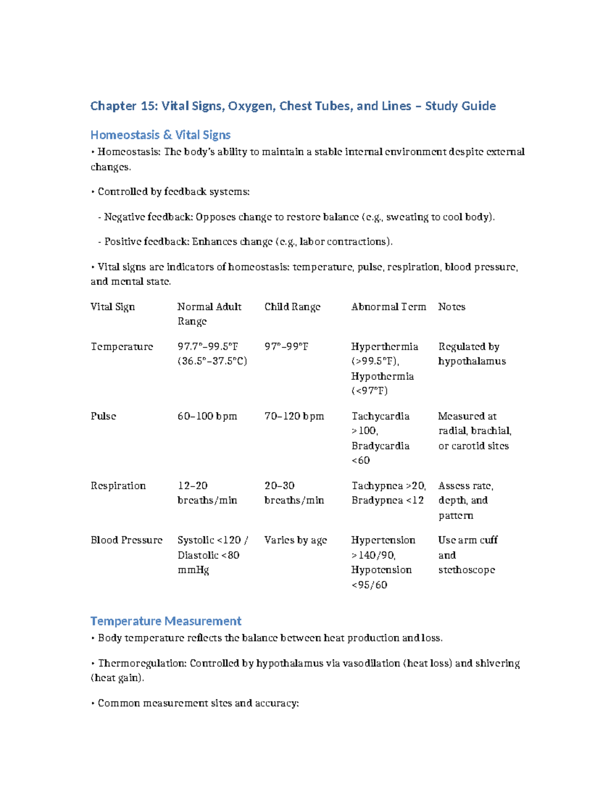 Chapter 15 Study Guide: Vital Signs, Oxygen, and Chest Tubes - Studocu