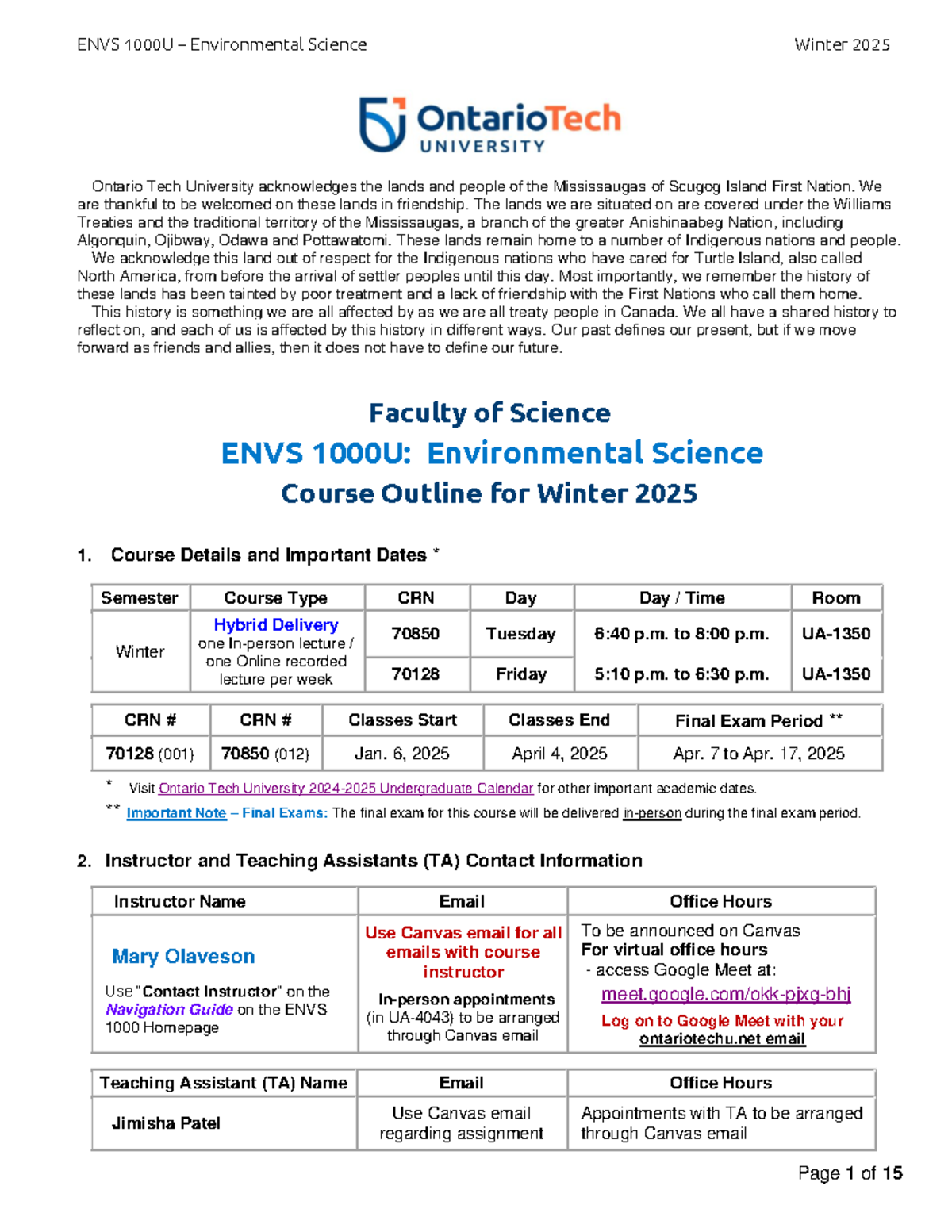 ENVS 1000: Environmental Science Course Outline - Winter 2025 - Studocu