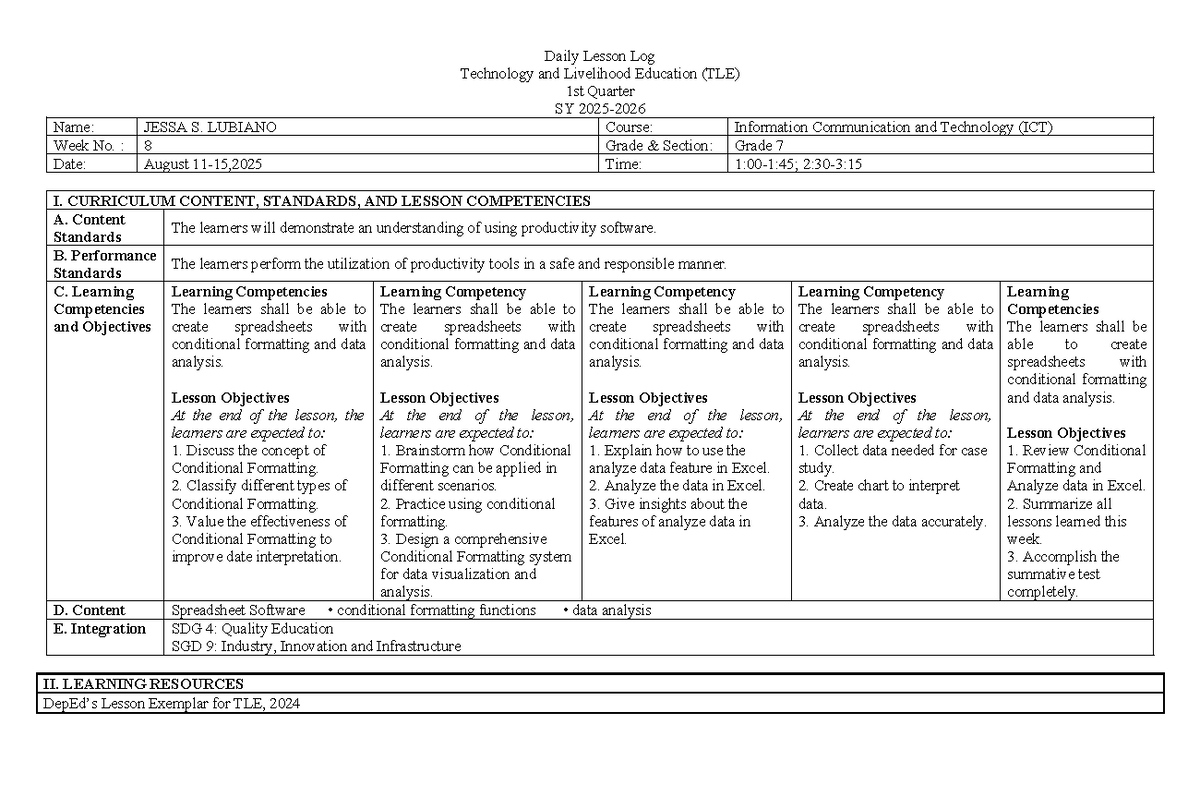 Daily Lesson Log: ICT Grade 7 - Conditional Formatting & Data Analysis ...
