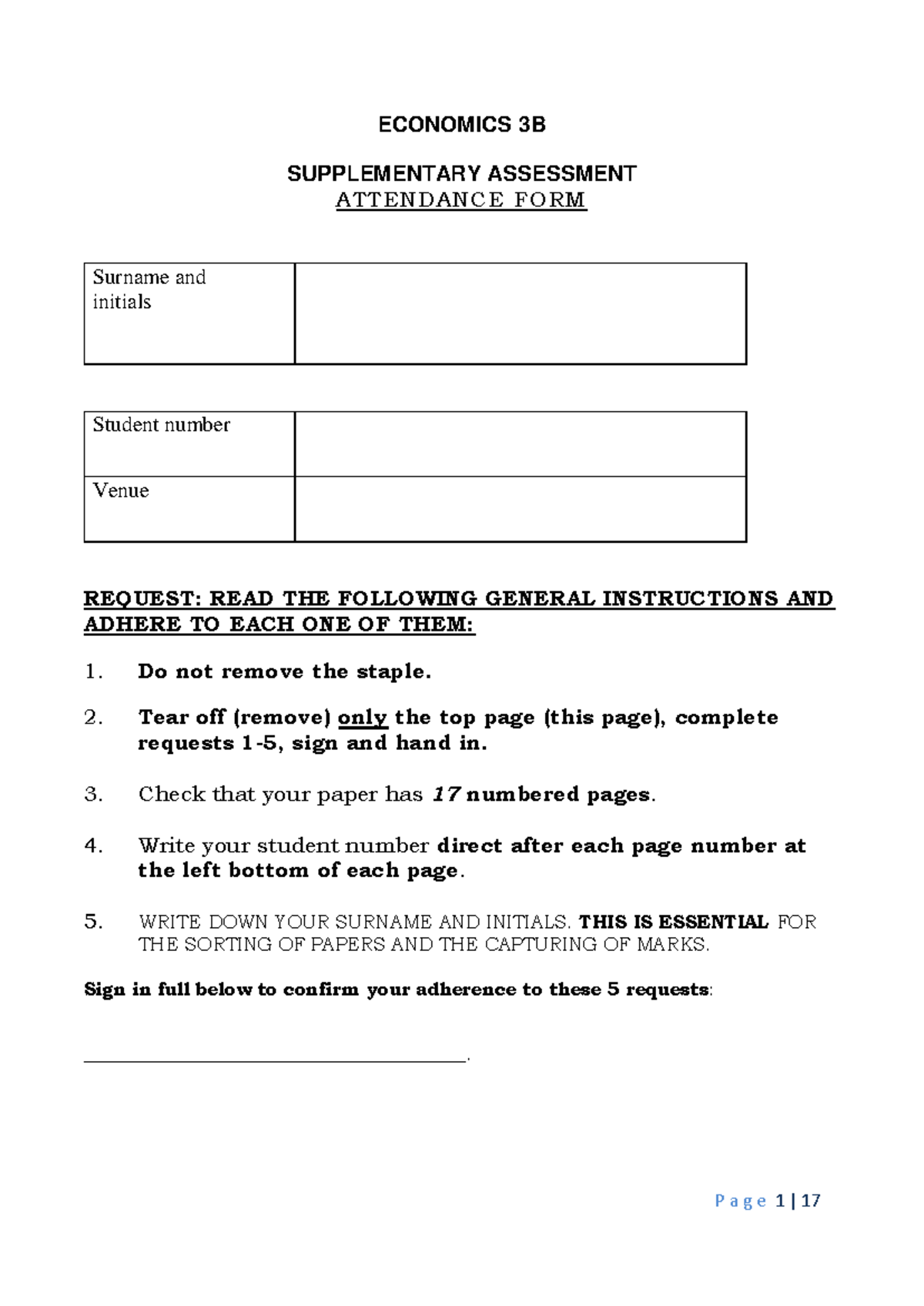 Uj 32430+ Source 1+ Source 1.1 - ECONOMICS 3B SUPPLEMENTARY ASSESSMENT ATTENDANCE FORM Surname ...