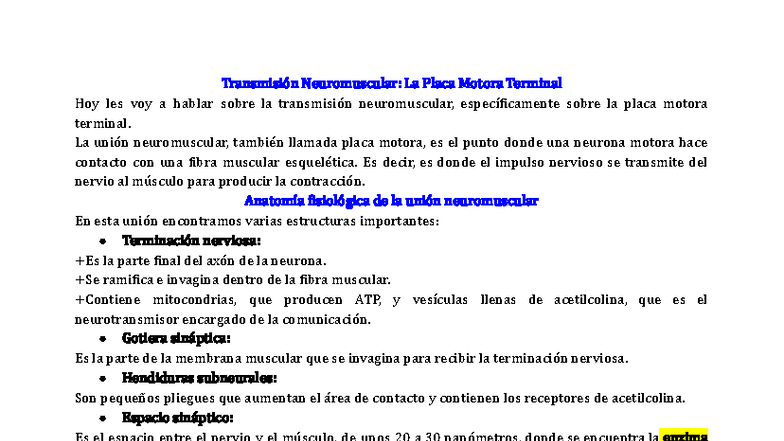 Transmisión Neuromuscular: Placa Motora Terminal - UASD Repaso - Studocu