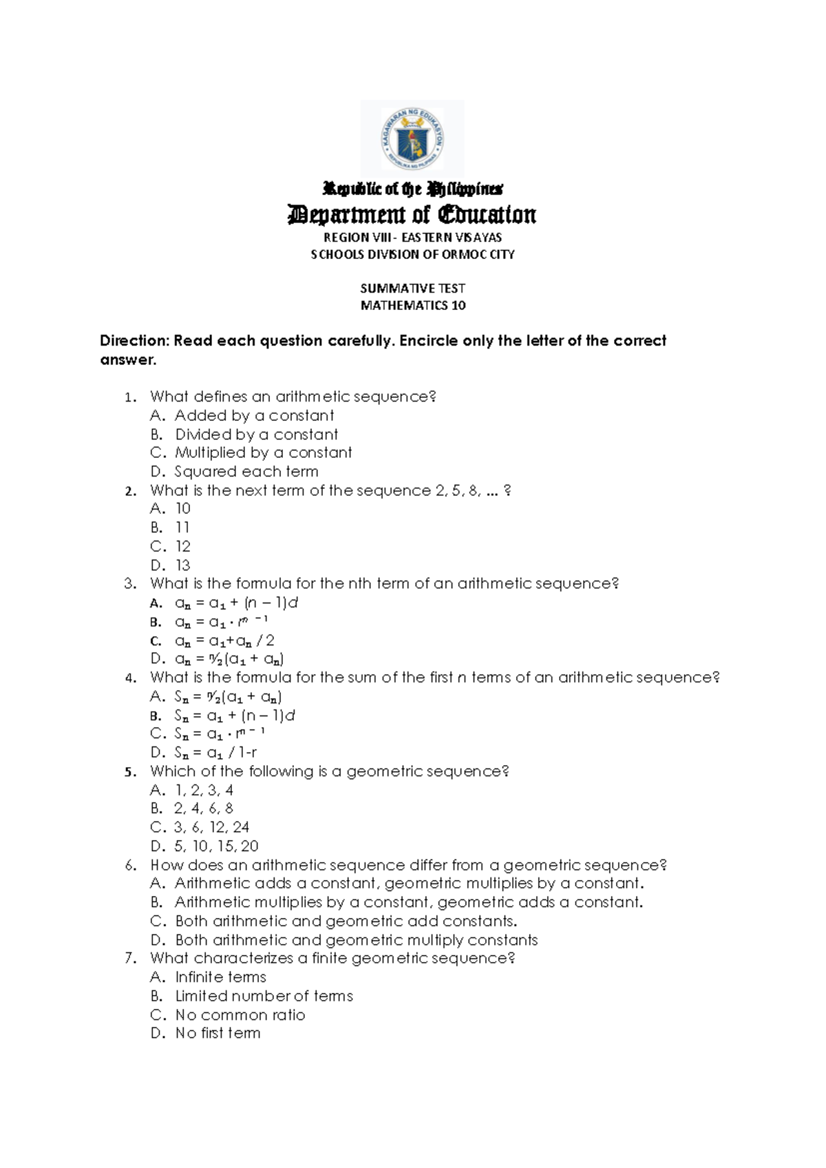 Mathematics 10 Summative Test Questions - Eastern Visayas Region - Studocu