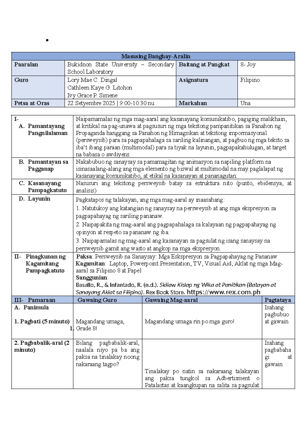 Persweysib na Sanaysay Lesson Plan para sa Filipino 8 - Studocu