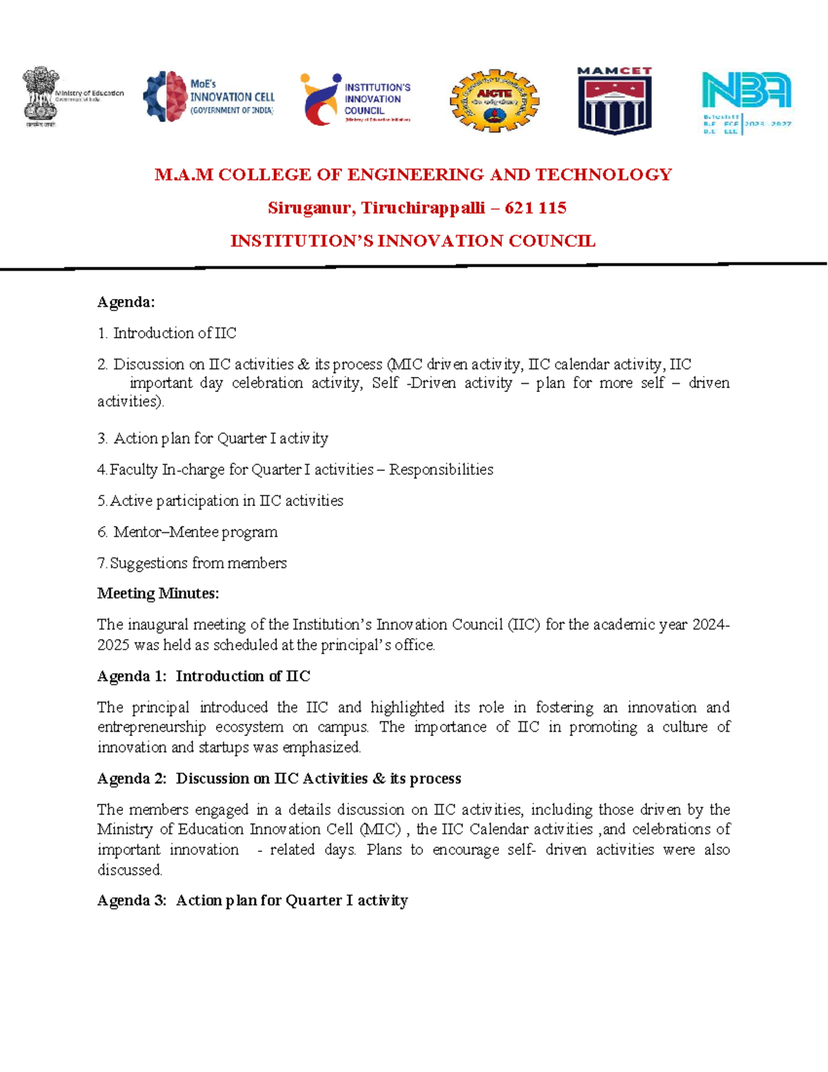 M.A.M COLLEGE OF ENGINEERING IIC Meeting Minutes - Quarter I 2024-2025 ...