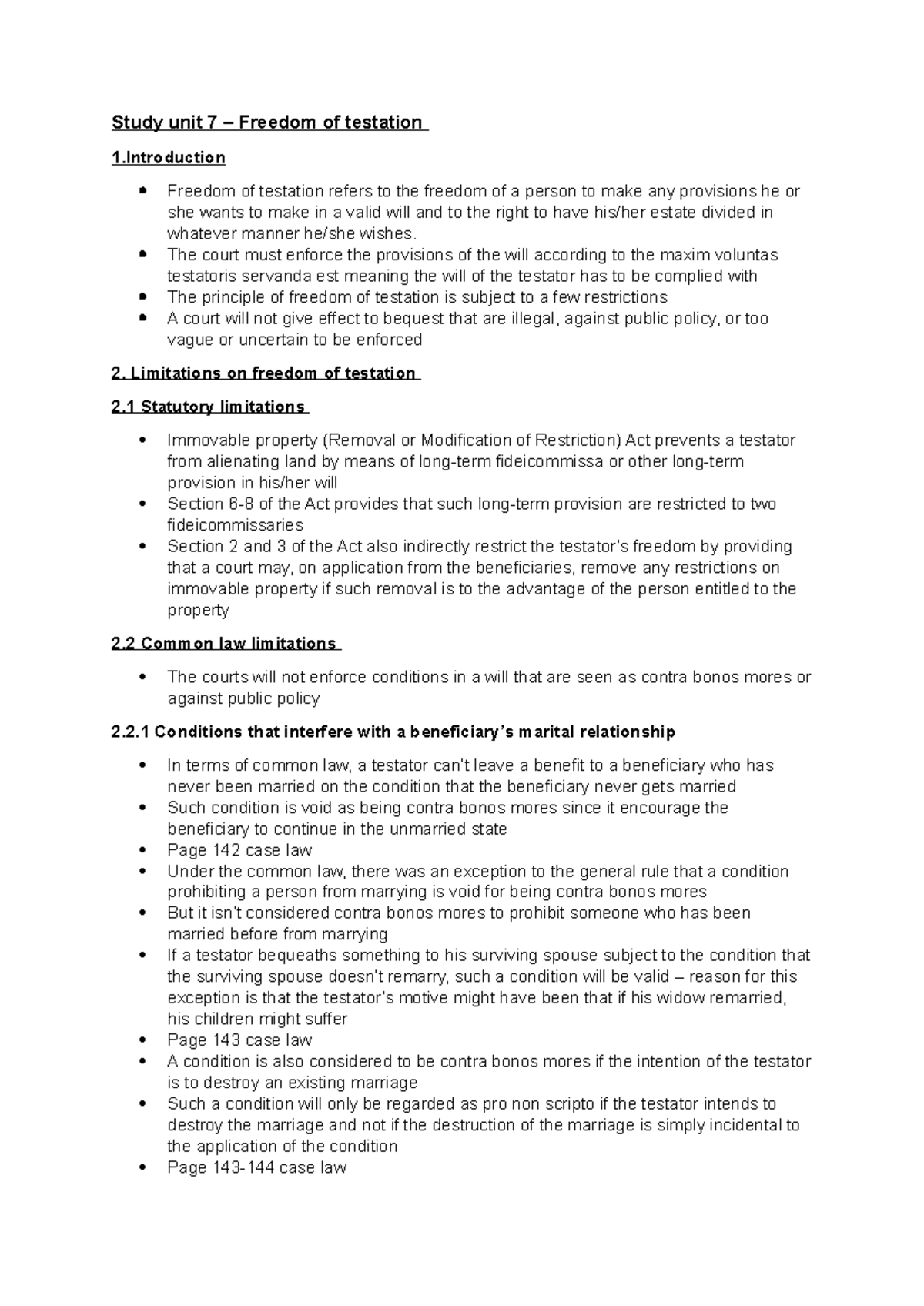 Study Unit 7 - Summary of Freedom of Testation in Succession Law - Studocu