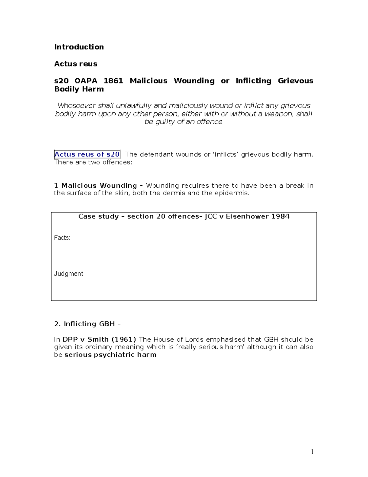 OAPA 1861 s20 Study Notes: Malicious Wounding & GBH Analysis - Studocu