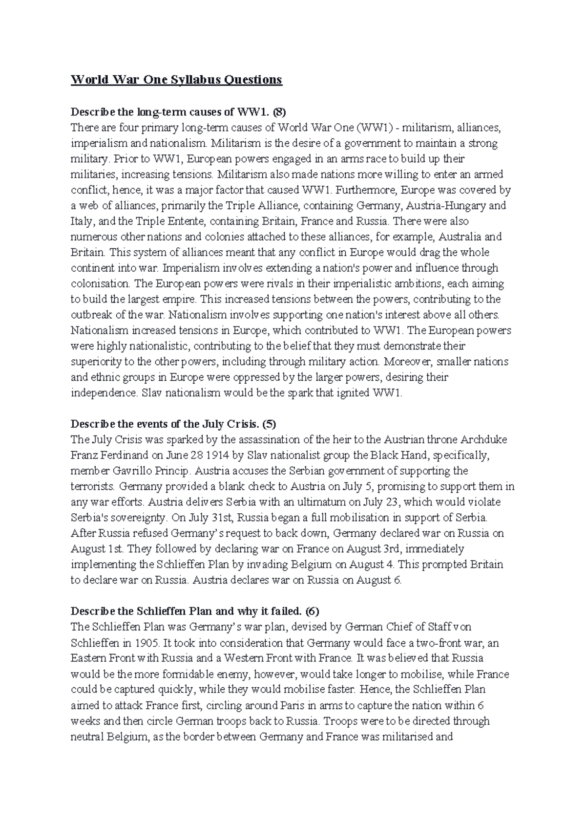 WW1 Syllabus Questions: Long-Term Causes to Allied Victory Analysis ...