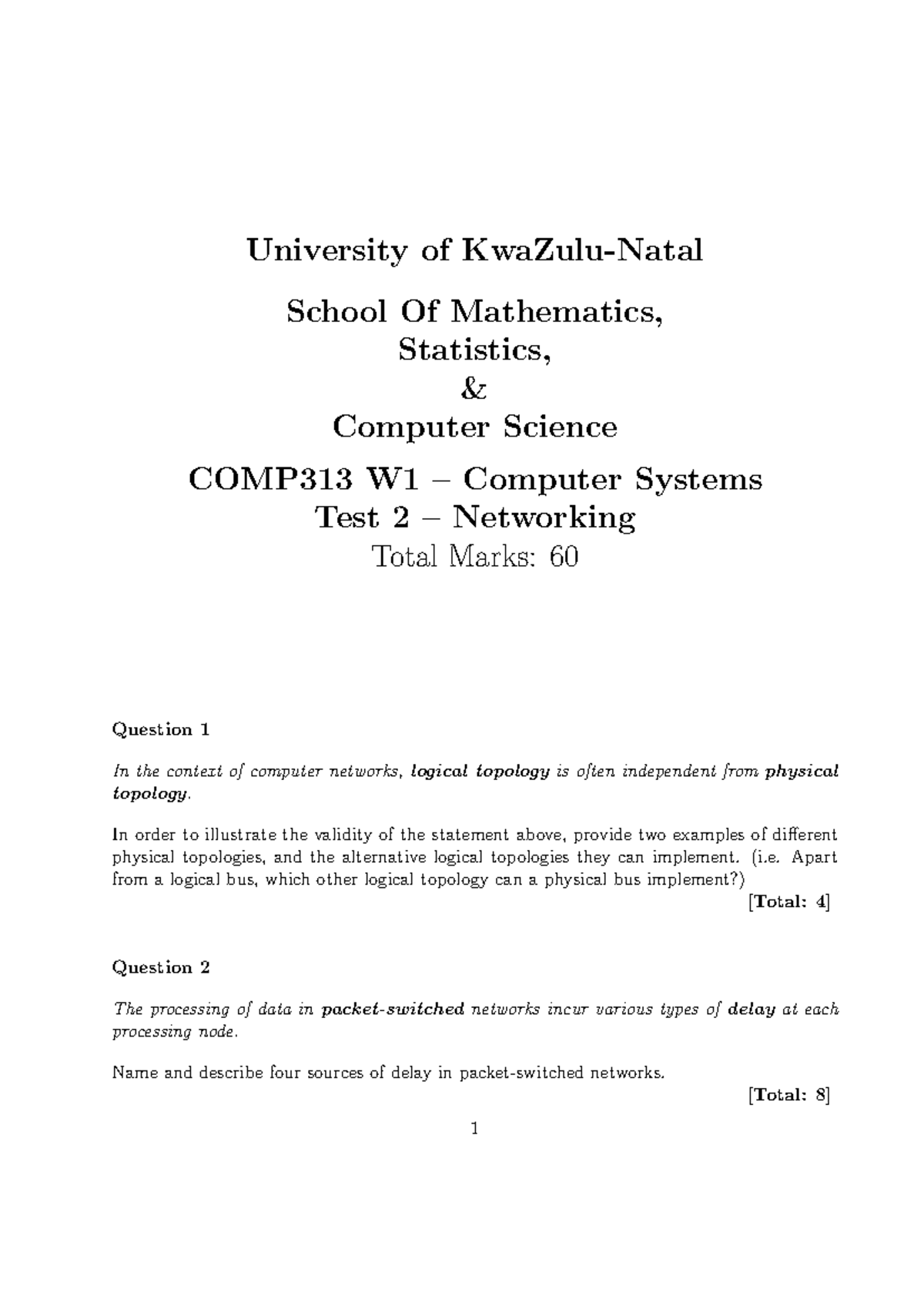 COMP313 W1 Test 2: Networking Concepts and Protocols - Studocu