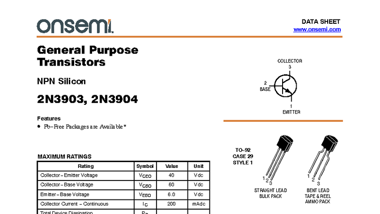 2N3903/2N3904 General Purpose NPN Transistor Data Sheet - Studocu