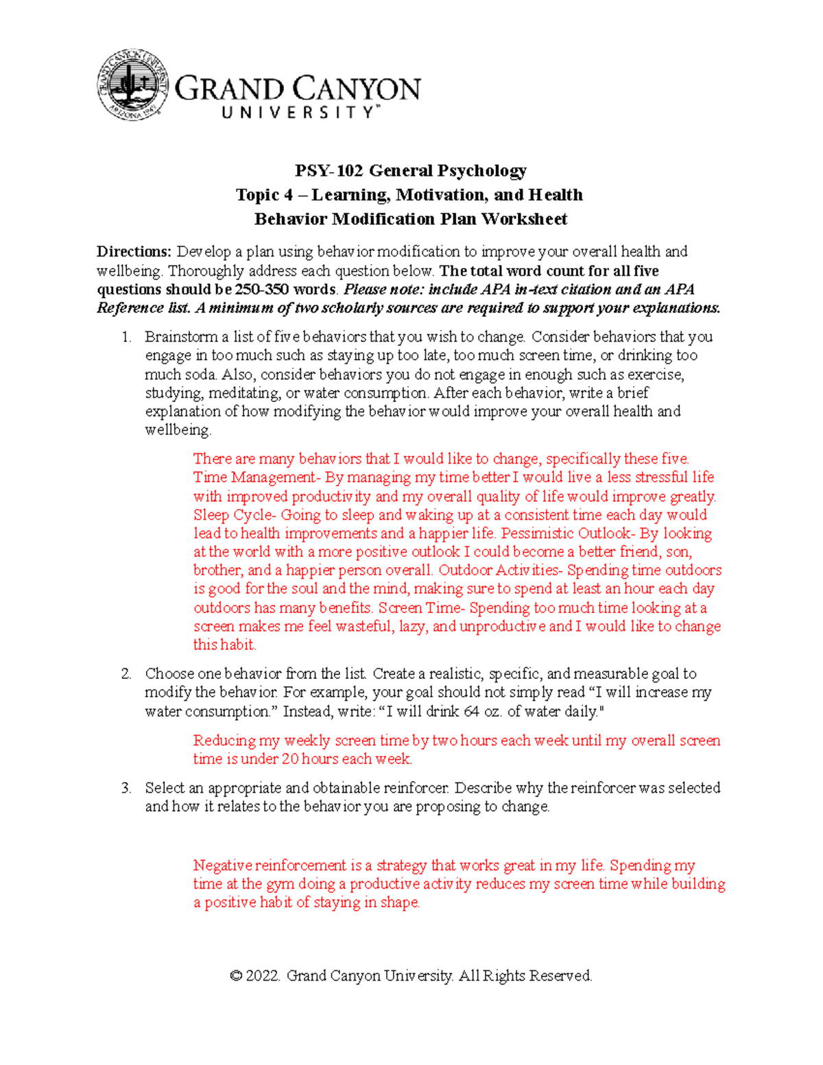 PSY-102 Behavior Modification Plan for Health Improvement - Studocu