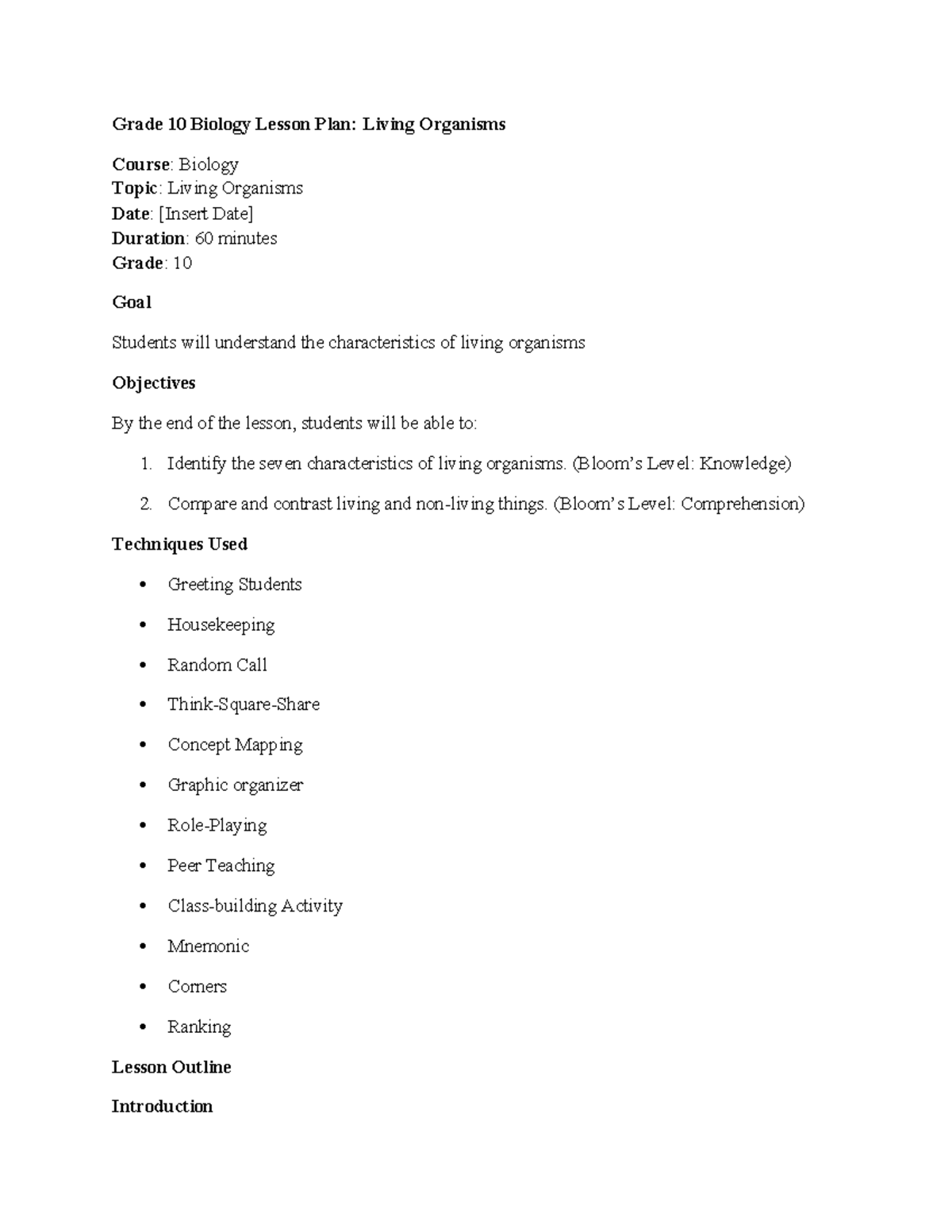 Grade 10 Biology Lesson Plan: Exploring Living Organisms - Studocu