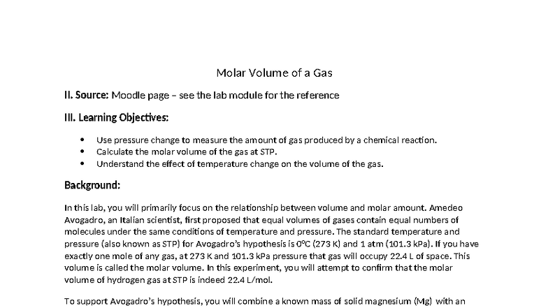 Procedure for Molar Volume of a Gas F24 Lab Experiment - Studocu
