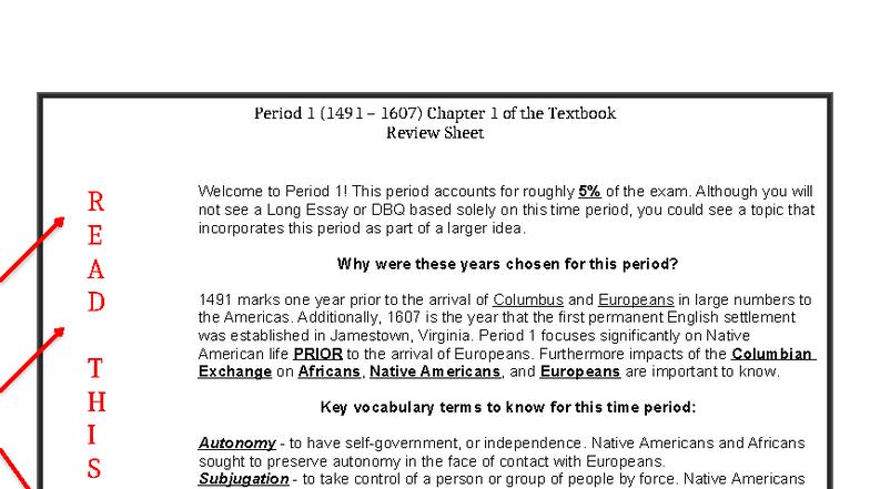 APUSH 2021 Extra Credit: Period 1 (1491-1607) Review Sheet - Studocu