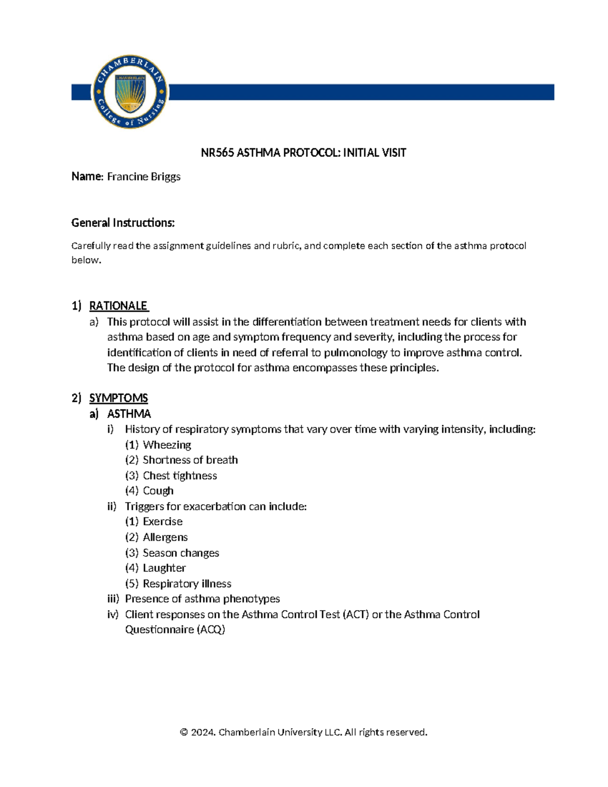 NR565 Asthma Protocol: Initial Visit Guidelines and Treatment Steps ...