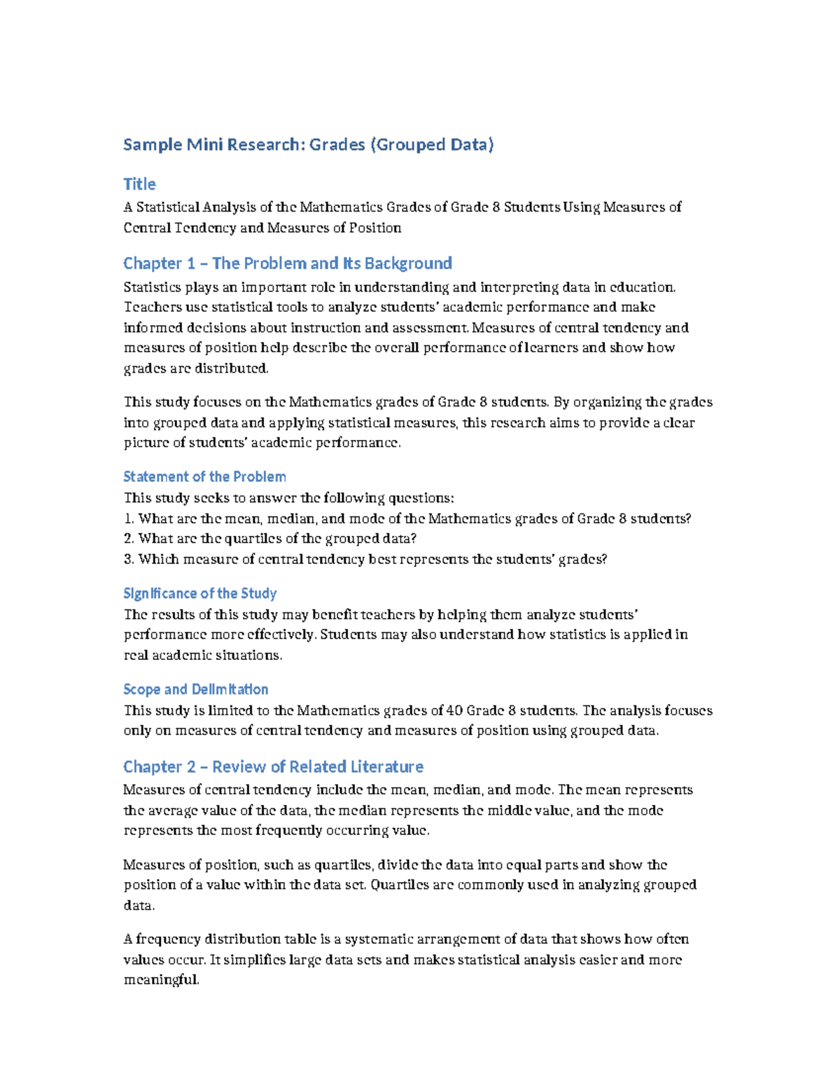 Mini Research: Statistical Analysis of Grade 8 Math Grades (Grouped ...
