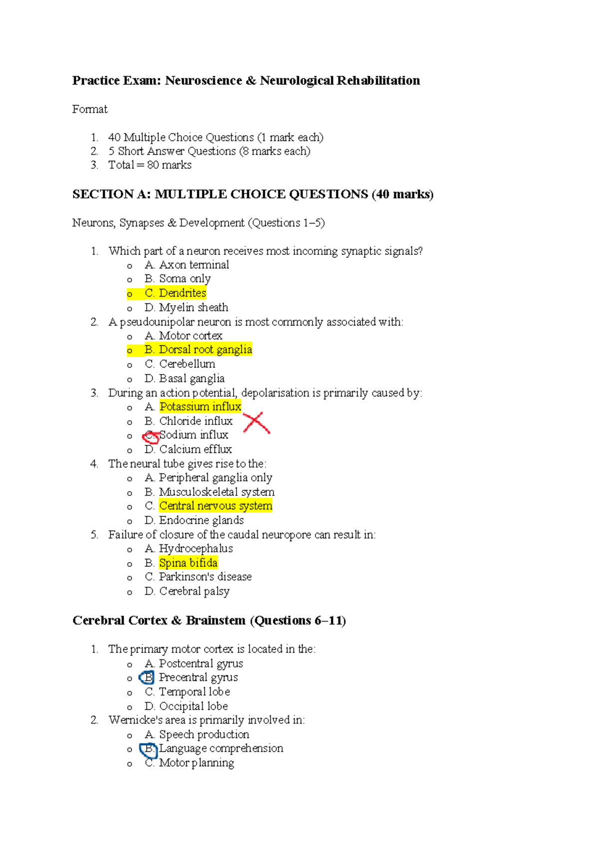 Practice Exam: Neuroscience Neurological Rehabilitation (40 MCQs & 5 ...