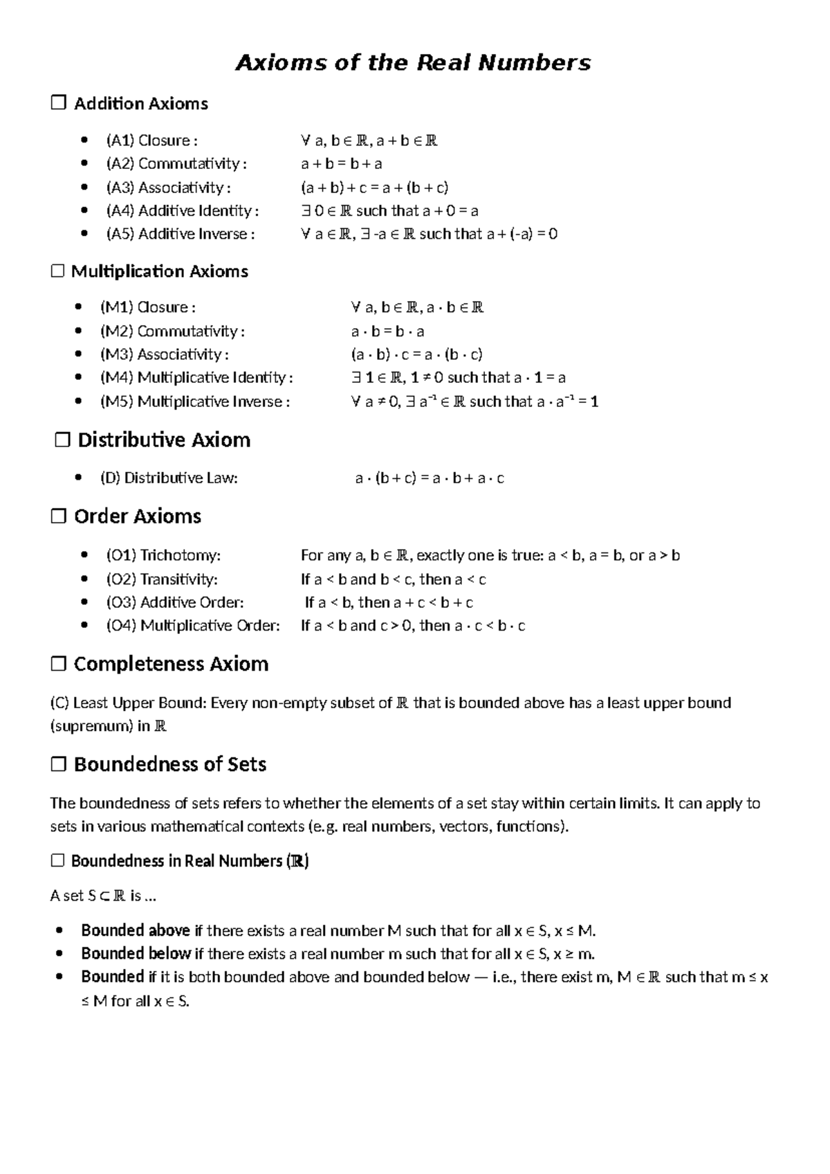 Math 101: Axioms of Real Numbers and Boundedness Concepts - Studocu