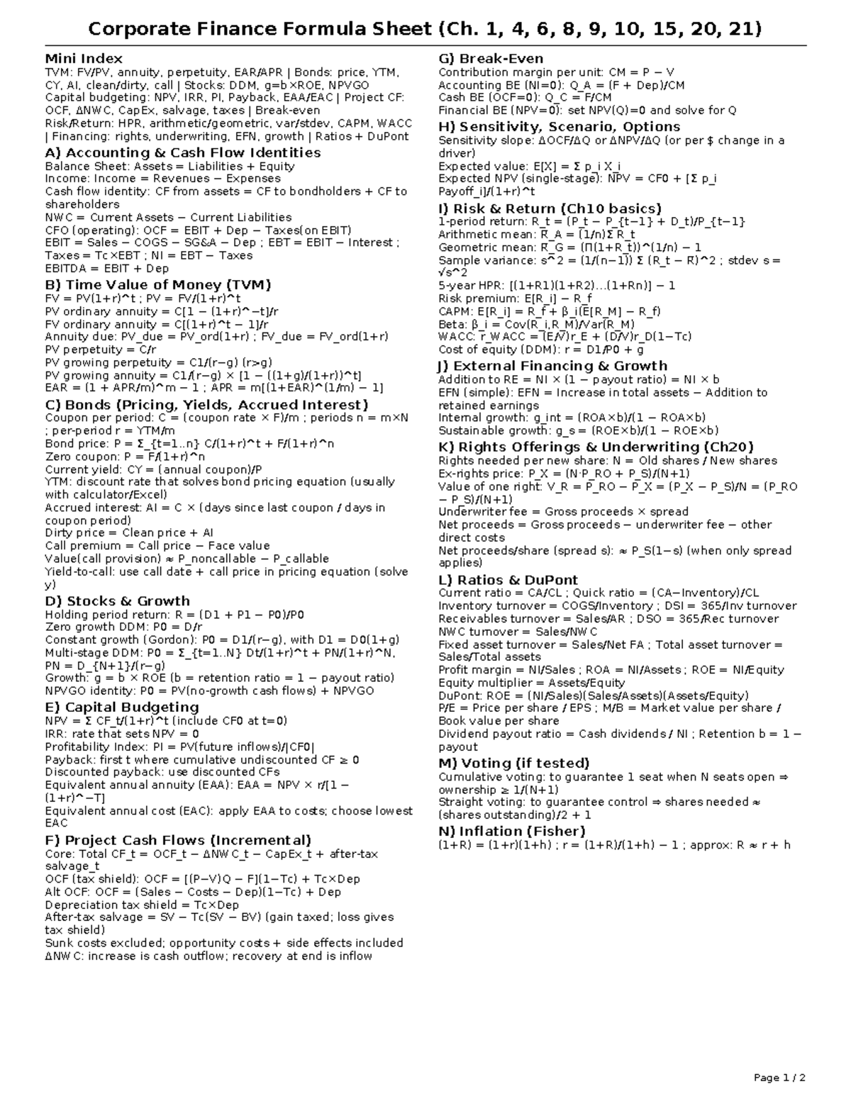 Corporate Finance Formula Sheet (Ch. 1, 4, 6, 8, 9, 10, 15, 20, 21 ...