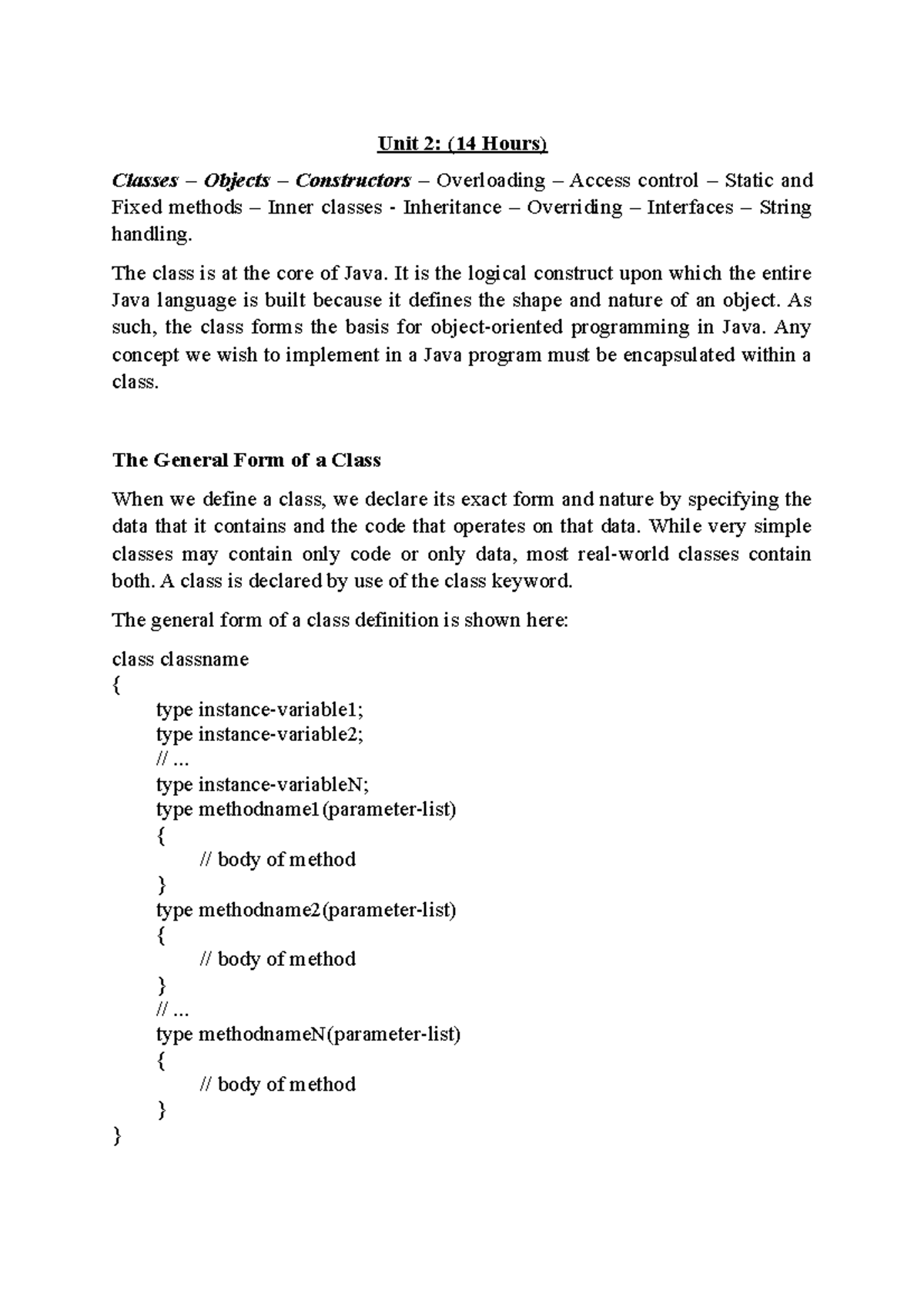 Java Programming Notes UNIT 2 - Unit 2: (14 Hours) Classes – Objects ...