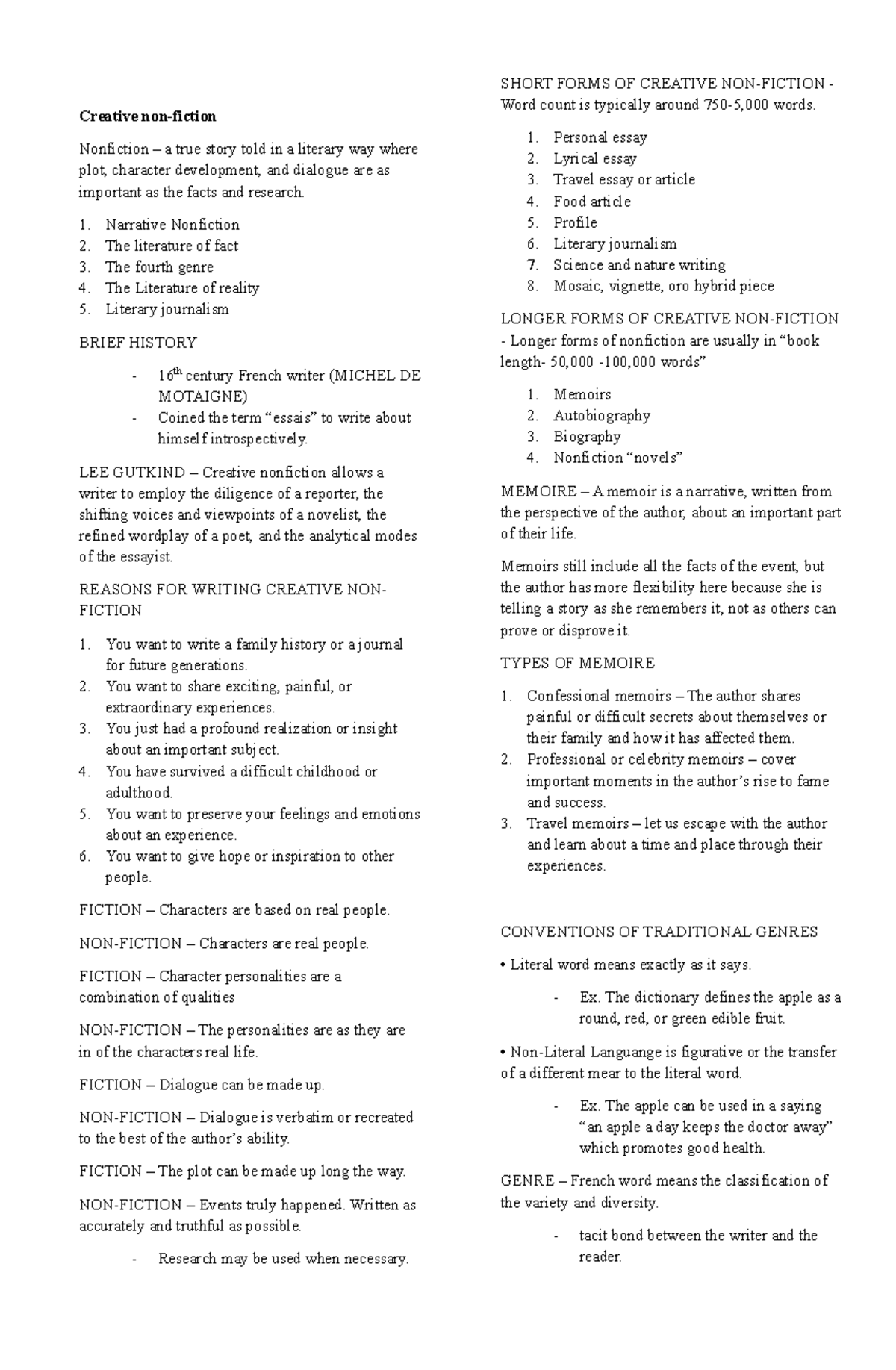 Creative Nonfiction (ENG 101) - Lecture Notes on Narrative Techniques ...