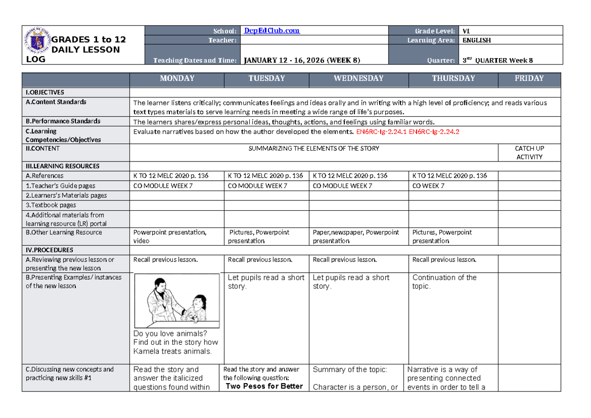 DLL English 6 Q3 W8 - Lesson Plan on Narrative Elements - Studocu
