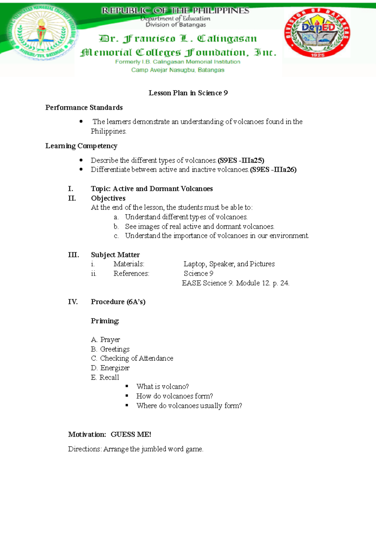 Lesson Plan: Active and Dormant Volcanoes (S9ES - IIIa25, IIIa26) - Studocu