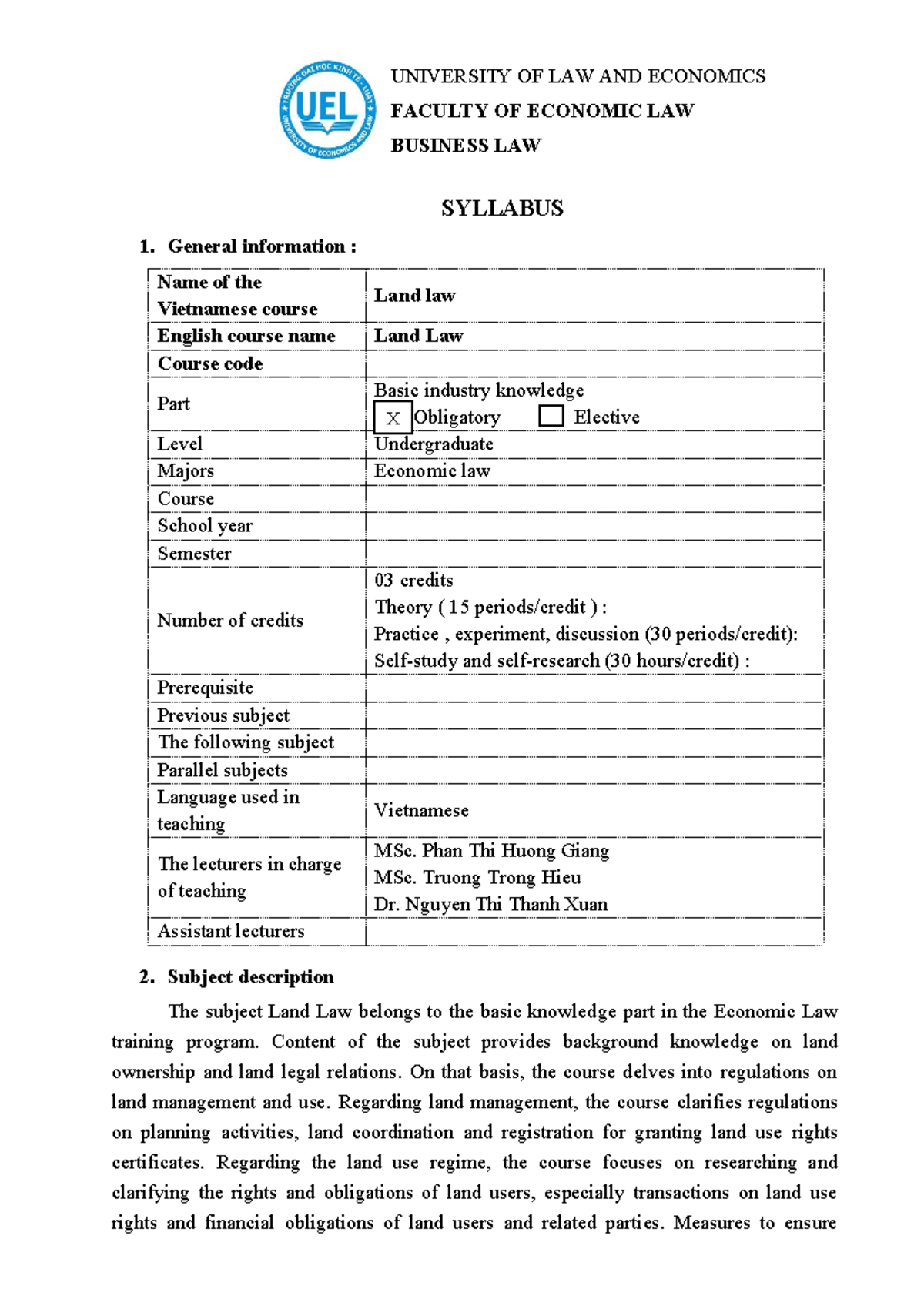 BUSINESS LAW SYLLABUS (3TC) - LAND LAW COURSE OVERVIEW 2024 - Studocu