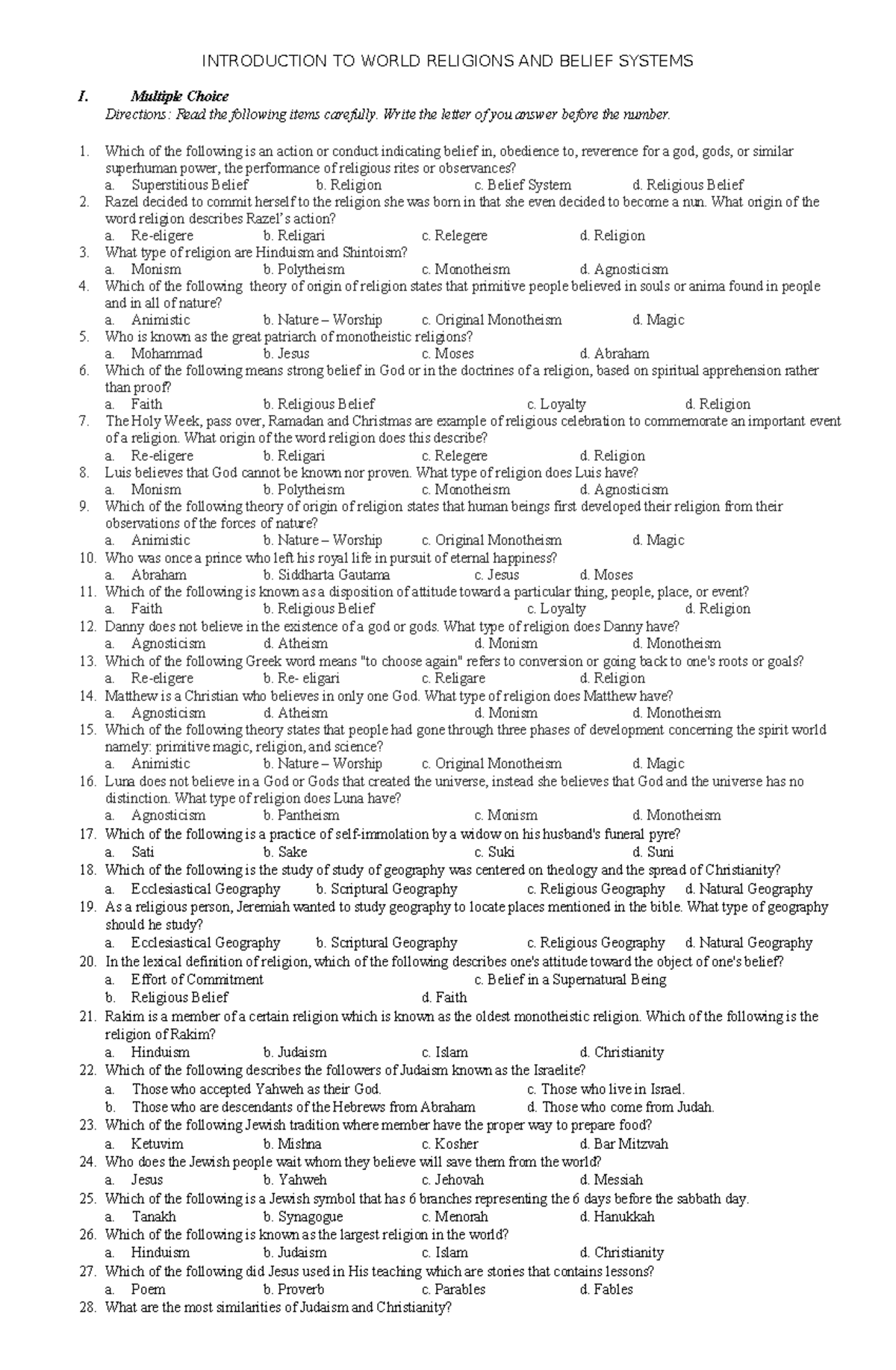 Introduction to World Religions - Sample Exam (RELG101) - Studocu