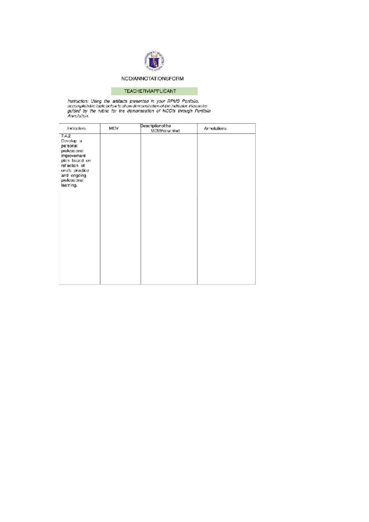 EDUC 101: NCOI Annotations Form for Teacher VI Applicant - Studocu