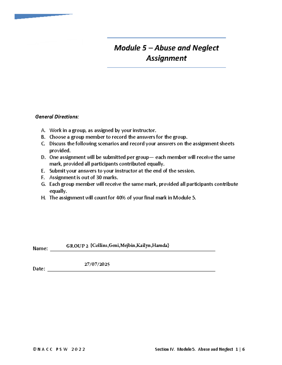 Module 5: Abuse and Neglect Assignment Guidelines and Case Studies ...