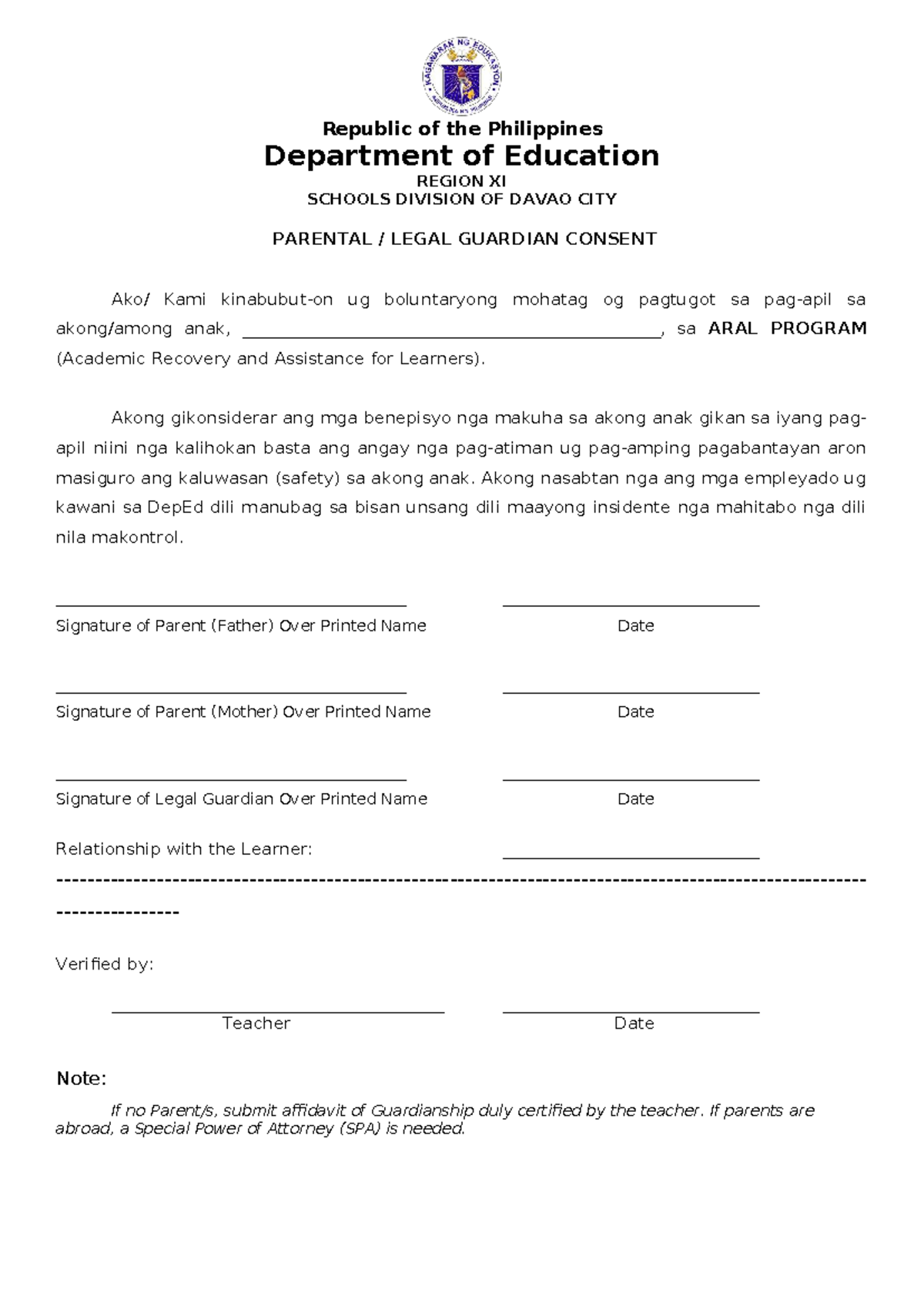 ARAL Program Parent Consent Form - DepEd Region XI - Studocu