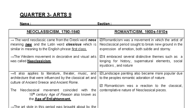 Q3ARTS - Neoclassicism & Romanticism: Key Concepts and Artists Notes ...