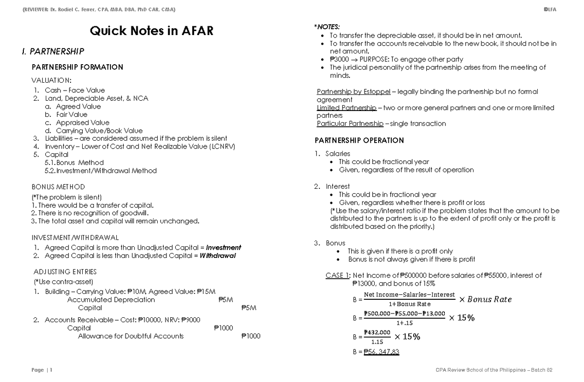 AFAR Partnership and Liquidation Quick Notes by Dr. - Studocu
